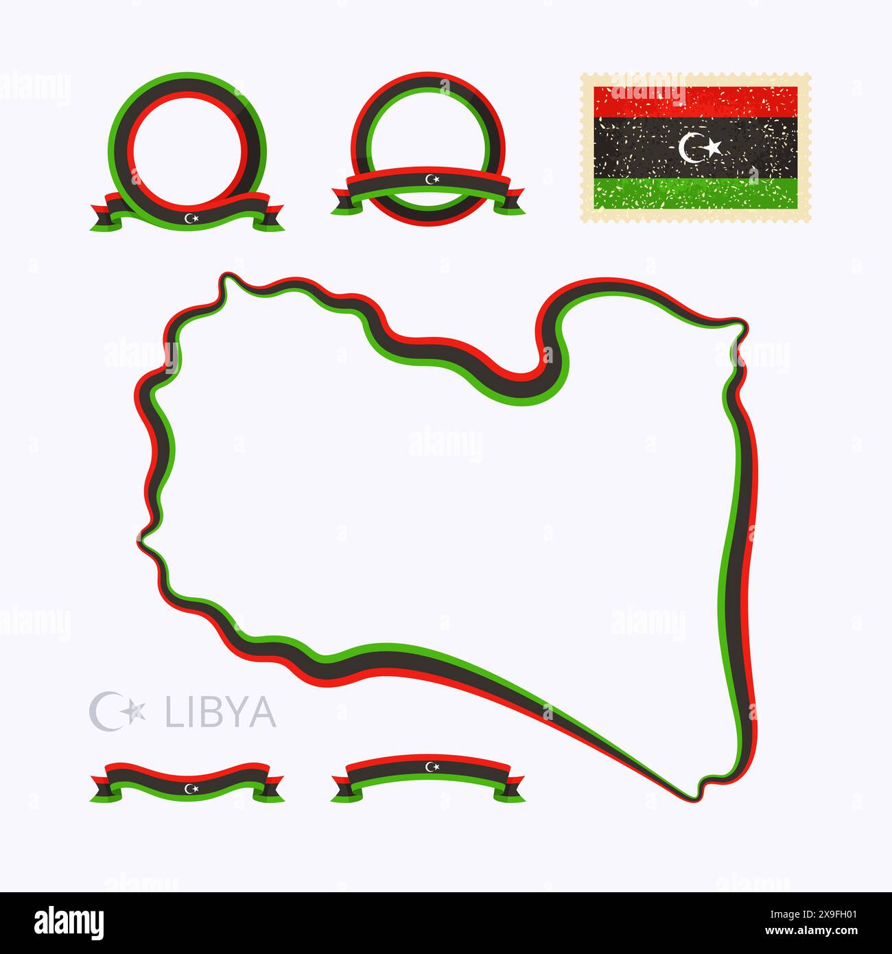 Outline map of Libya. Border is marked with ribbon in national colors ...