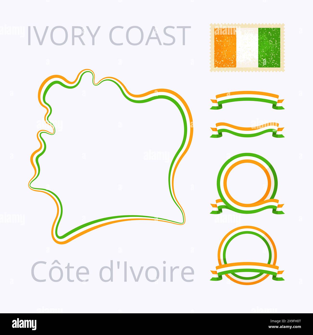 Outline map of (Cote d'Ivoire) Ivory Coast. Border is marked with ...