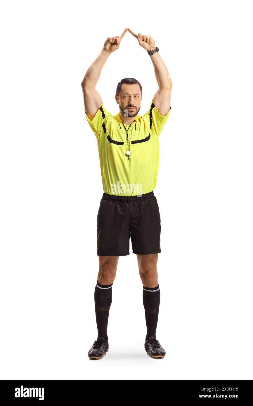 Full length portrait of football referee gesturing VAR symbol isolated ...