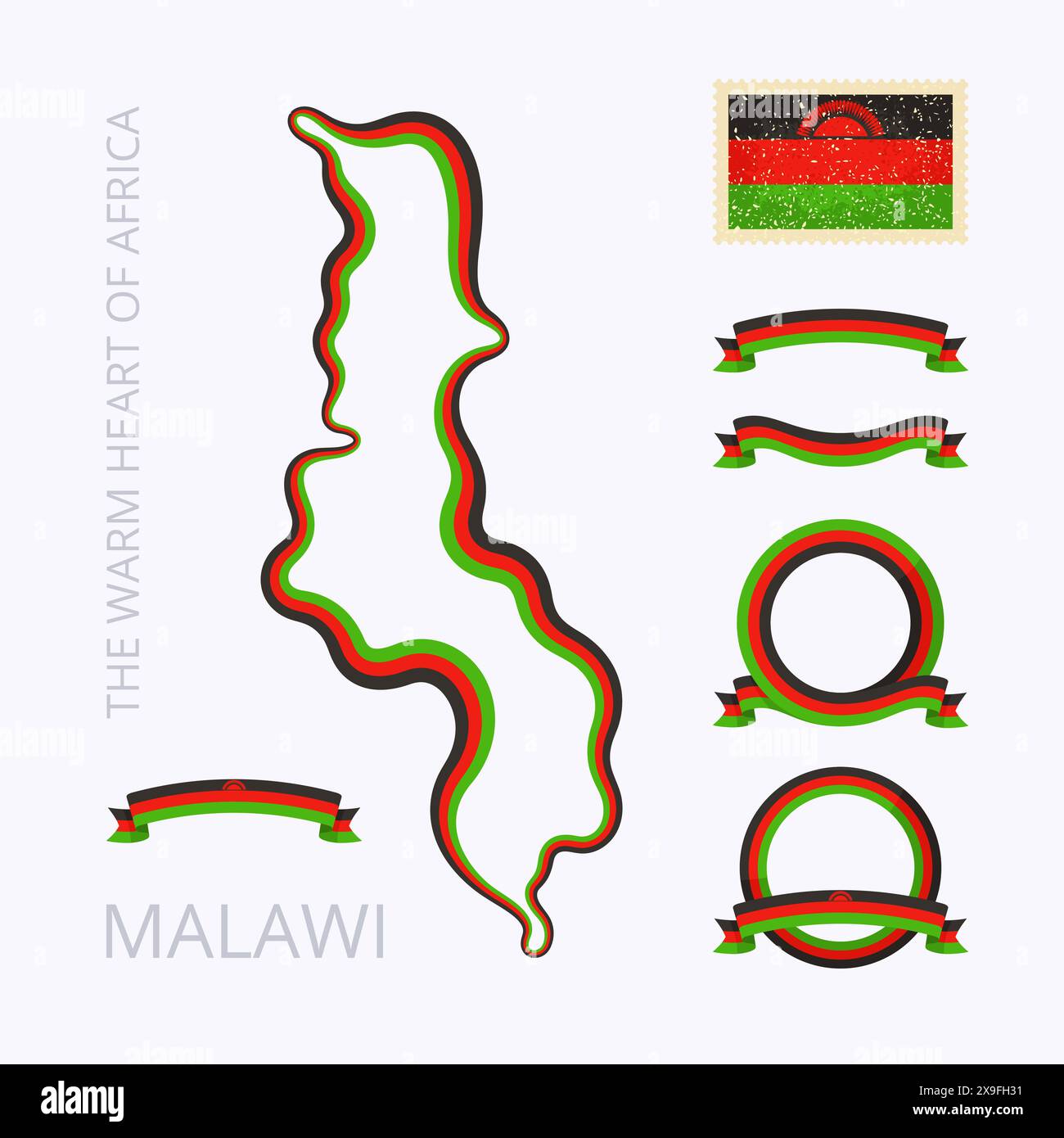 Outline map of Malawi. Border is marked with ribbon in national colors ...