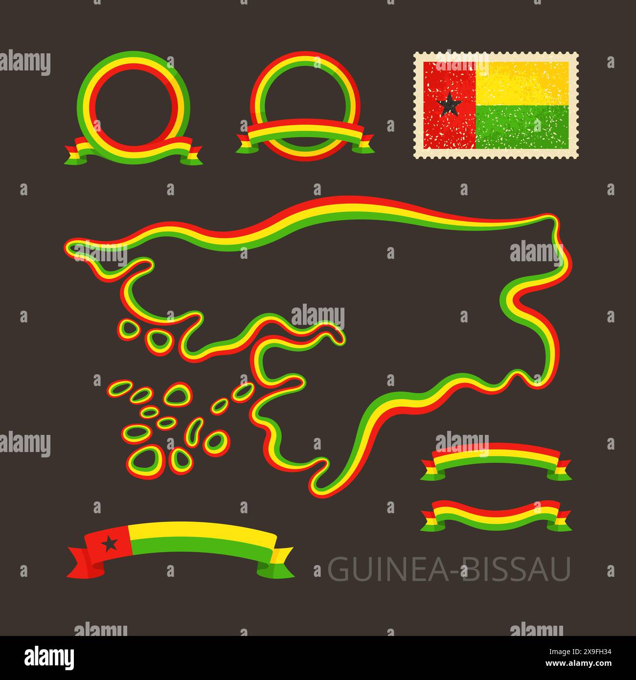 Outline map of Guinea-Bissau. Border is marked with ribbon in national ...