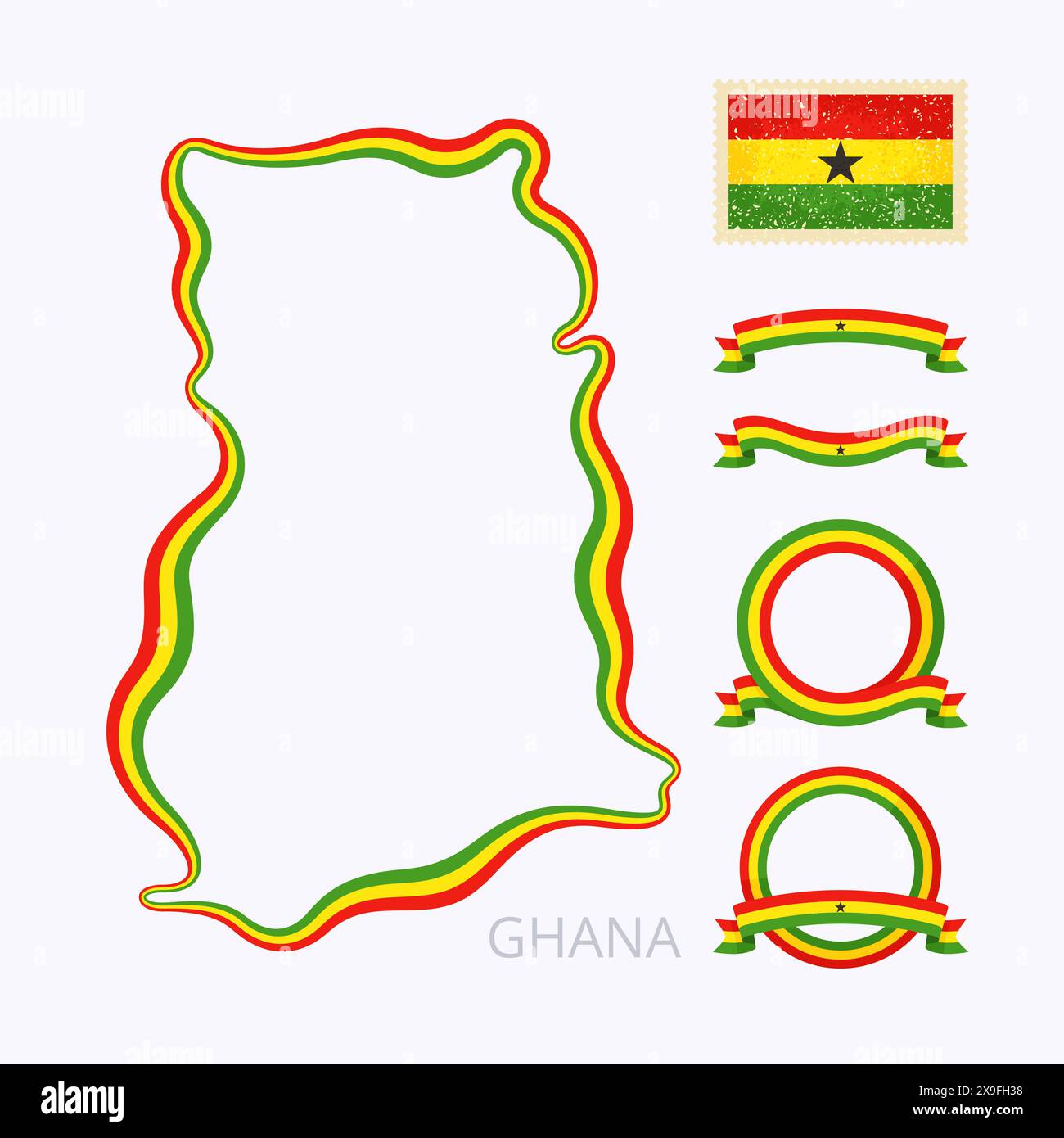 Outline map of Ghana. Border is marked with ribbon in national colors ...