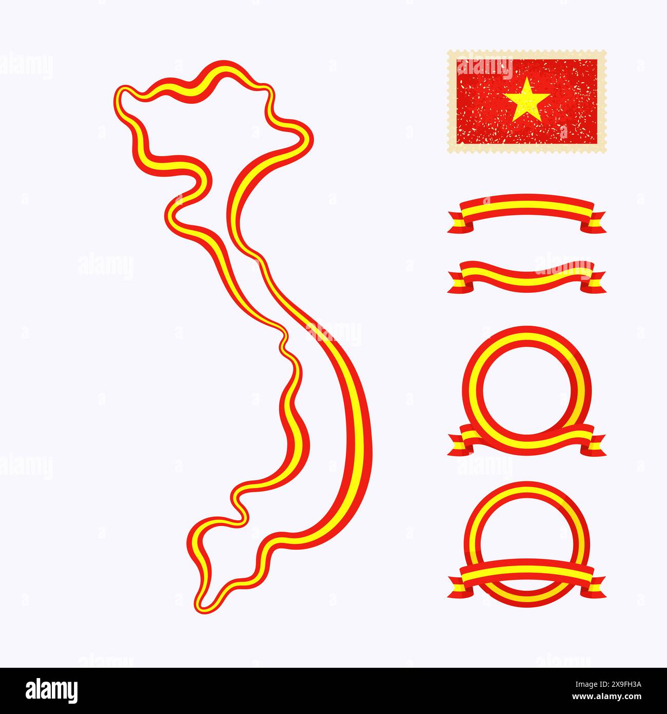 Outline map of Vietnam. Border is marked with ribbon in national colors ...