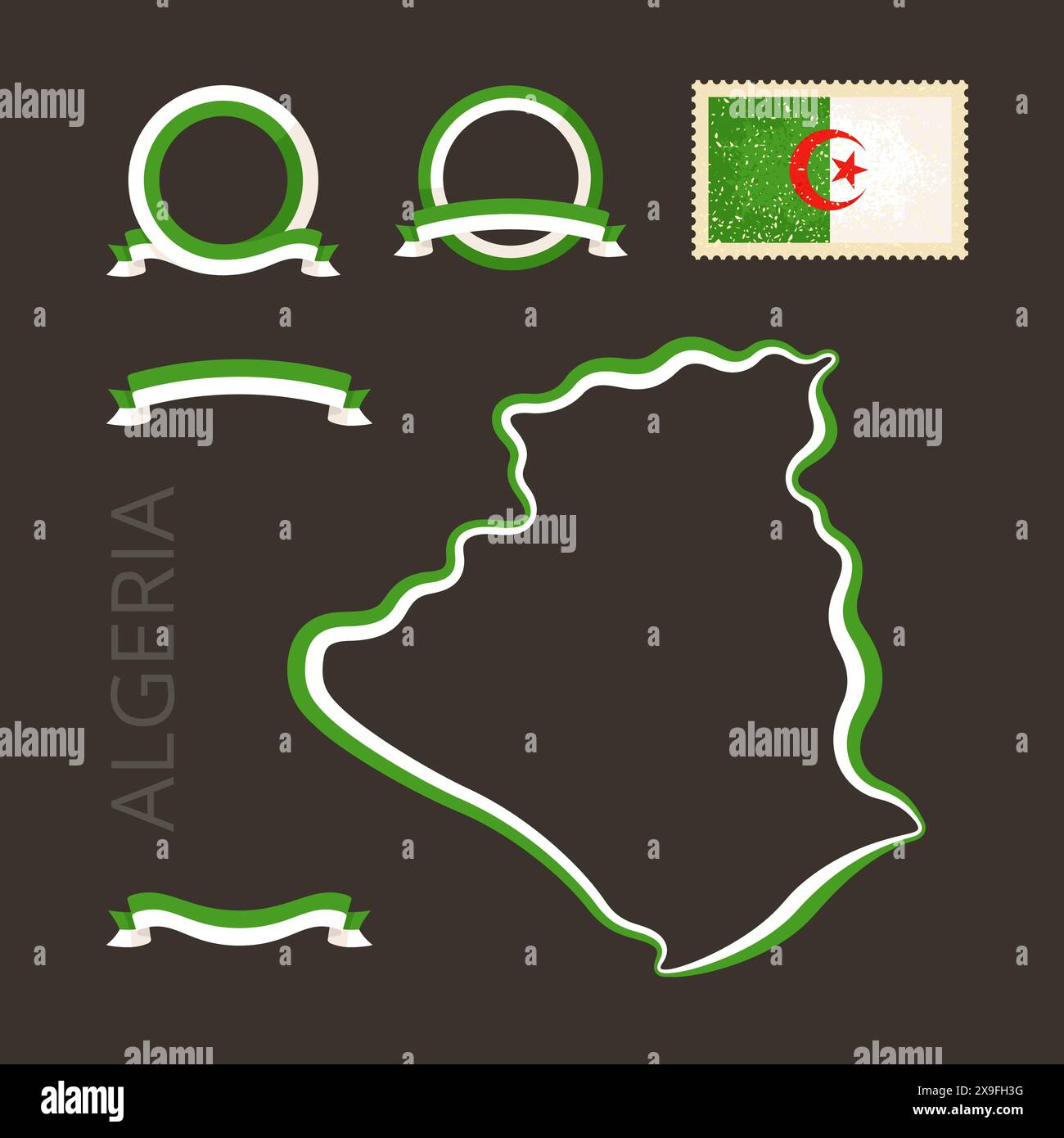 Outline map of Algeria. Border is marked with ribbon in national colors ...