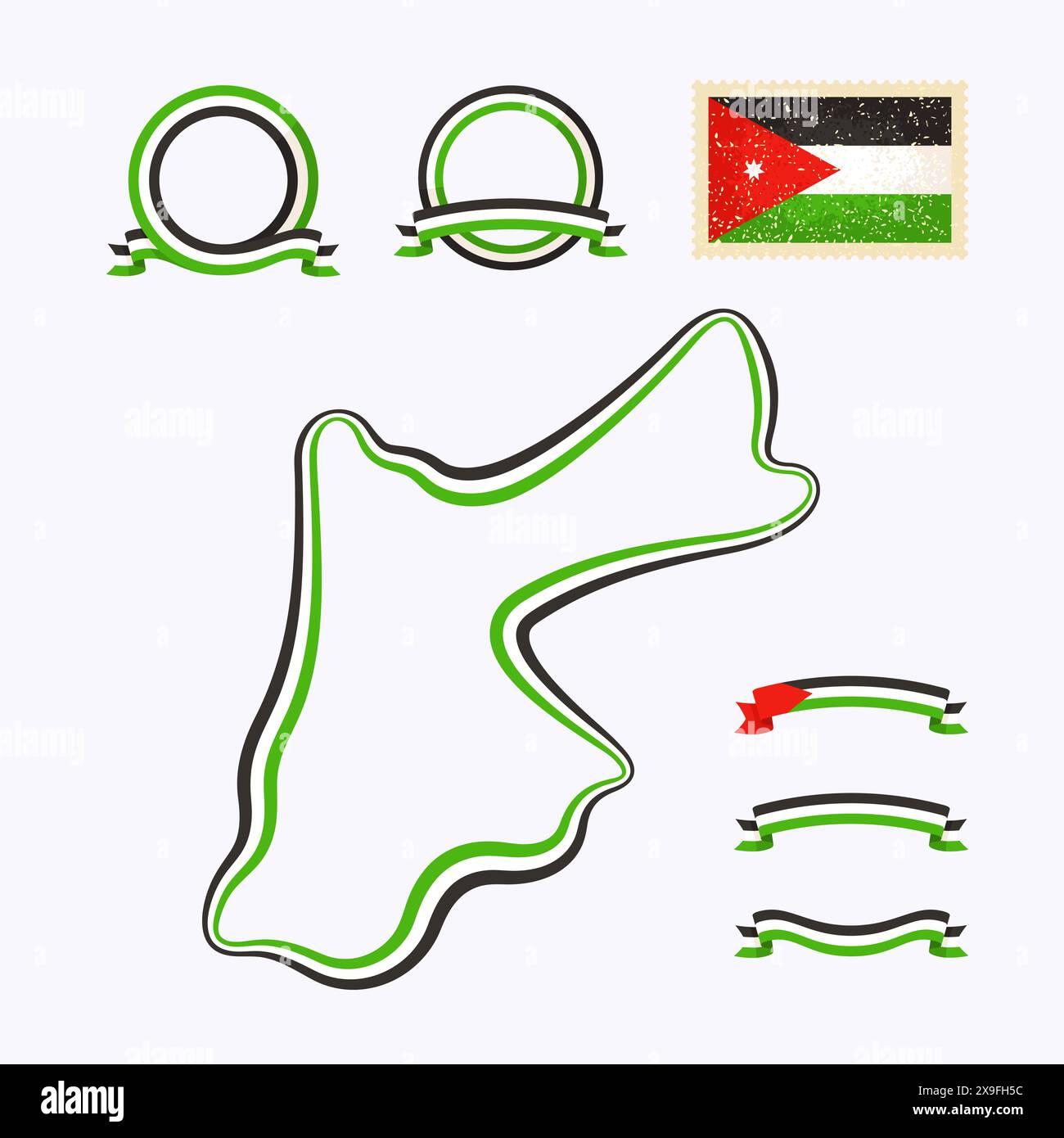Outline map of Jordan. Border is marked with ribbon in national colors ...