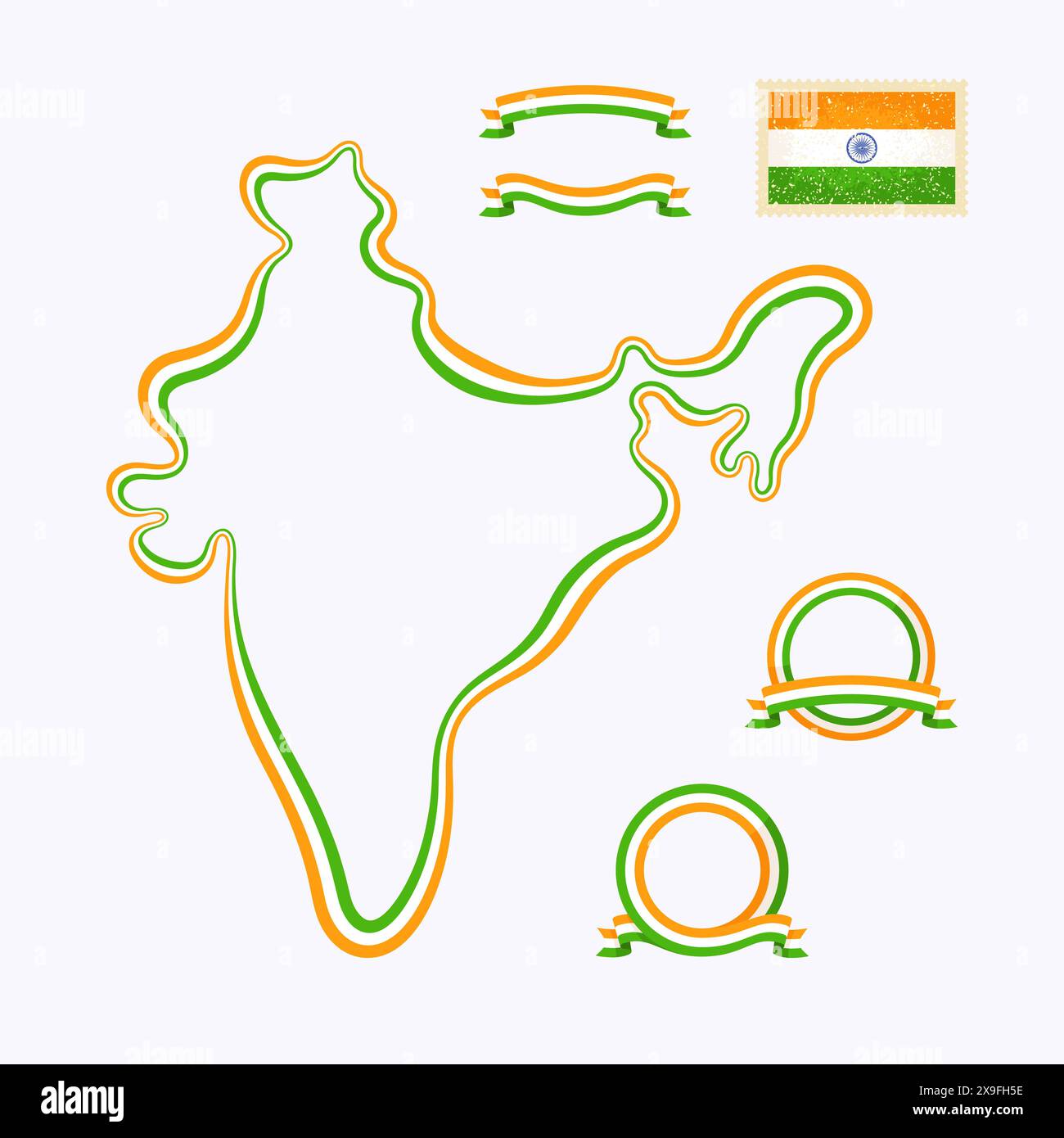 Outline map of India. Border is marked with ribbon in national colors ...