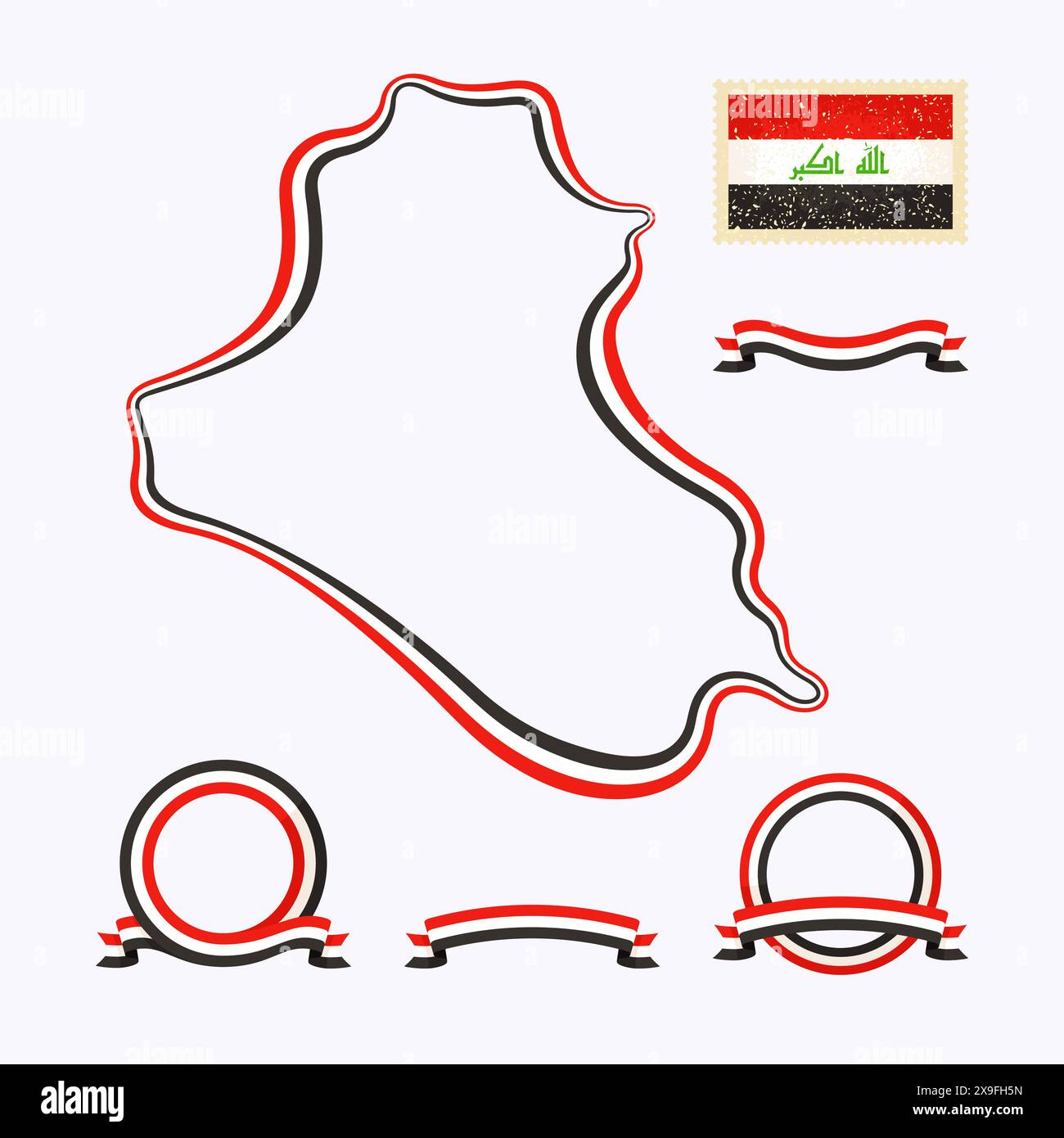 Outline map of Iraq. Border is marked with ribbon in national colors ...