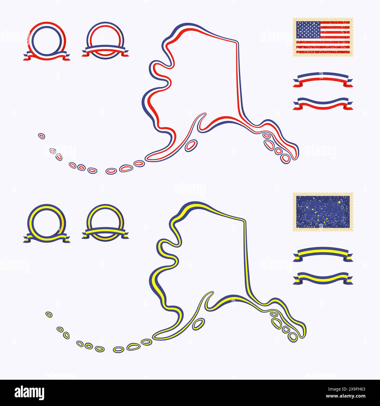 Outline map of Alaska (USA). Border is marked with a ribbon in the ...