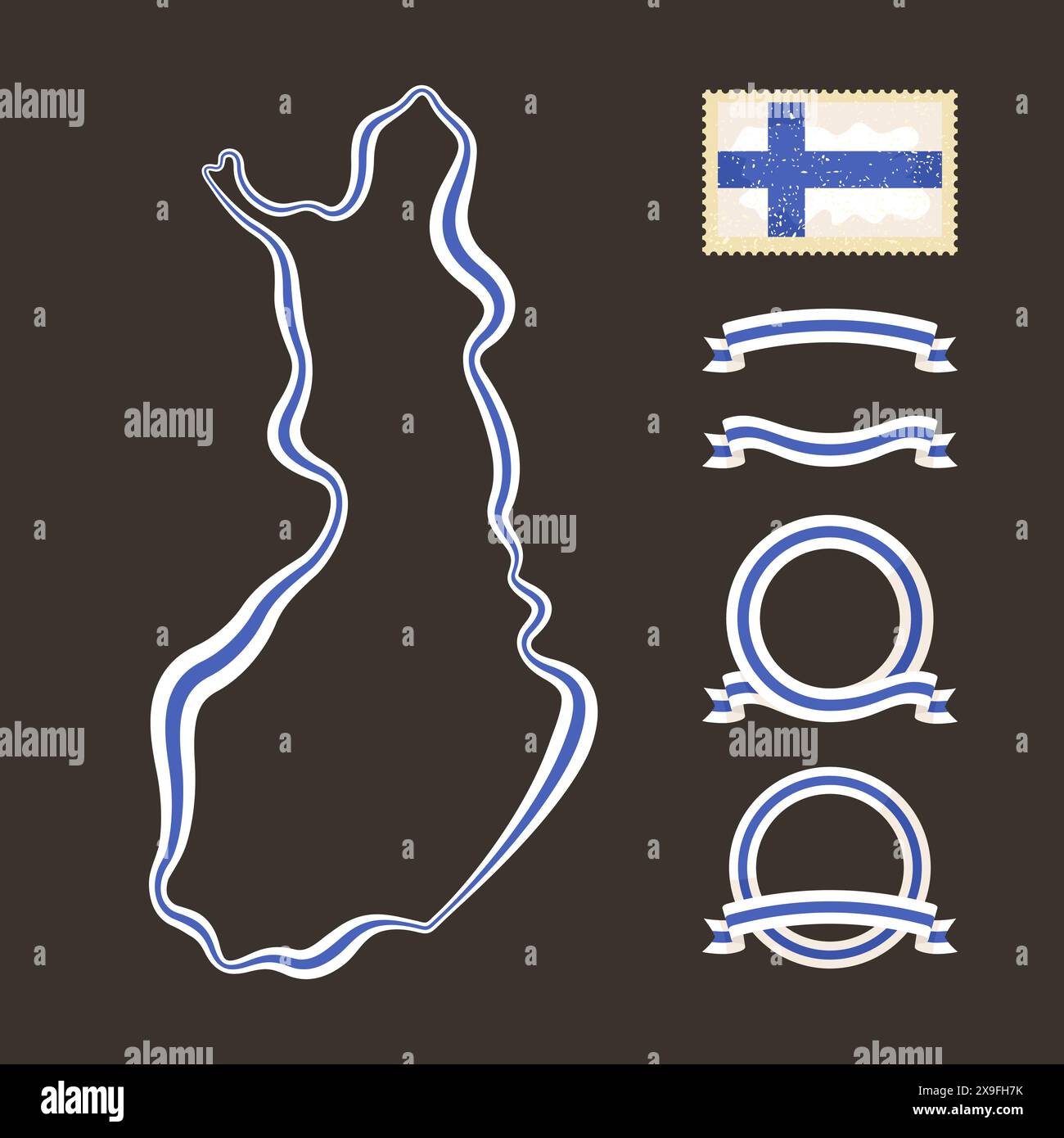 Outline map of Finland. Border is marked with a ribbon in the national ...