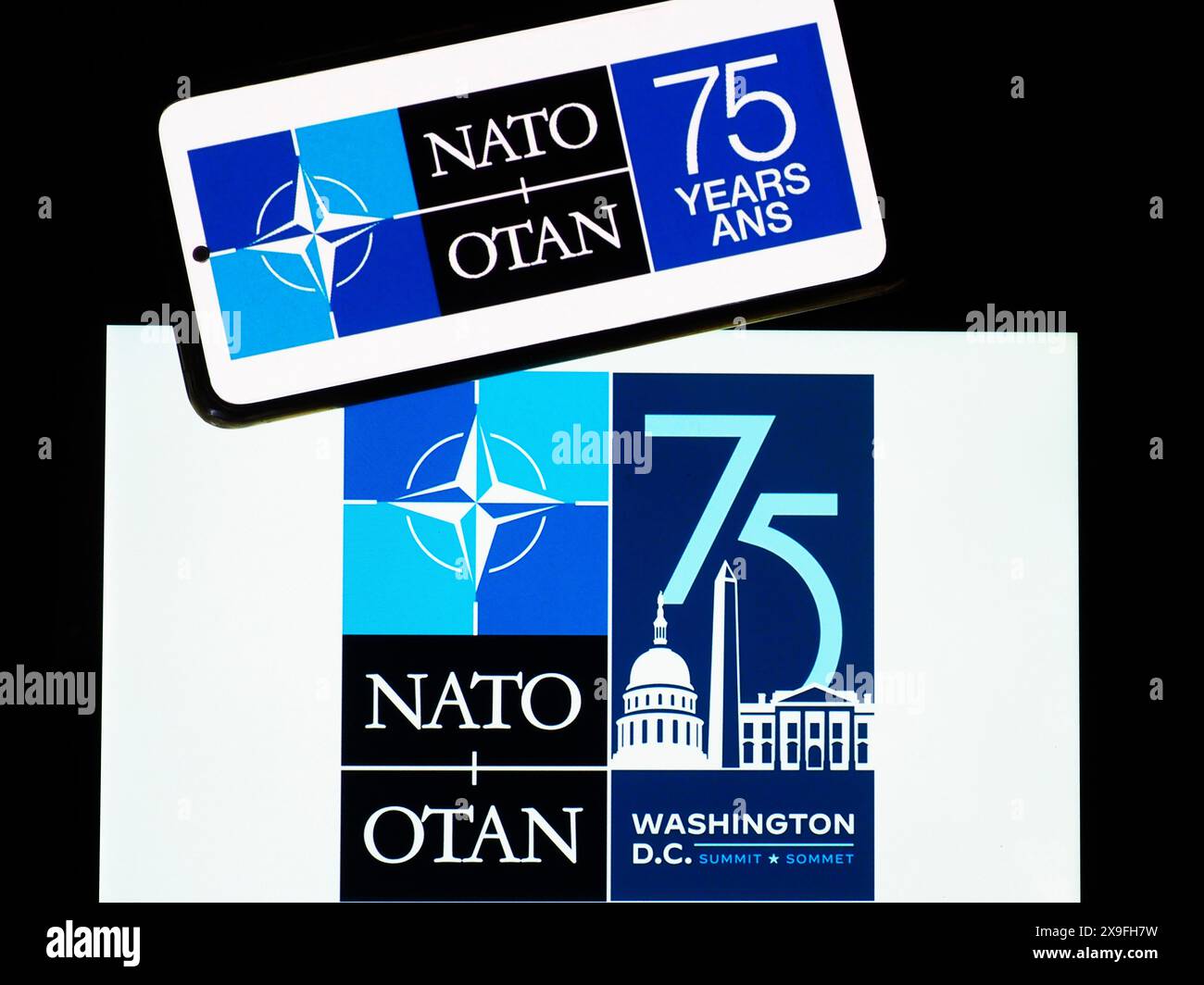 In this photo illustration, a NATO 75th Anniversary Summit Corporation ...