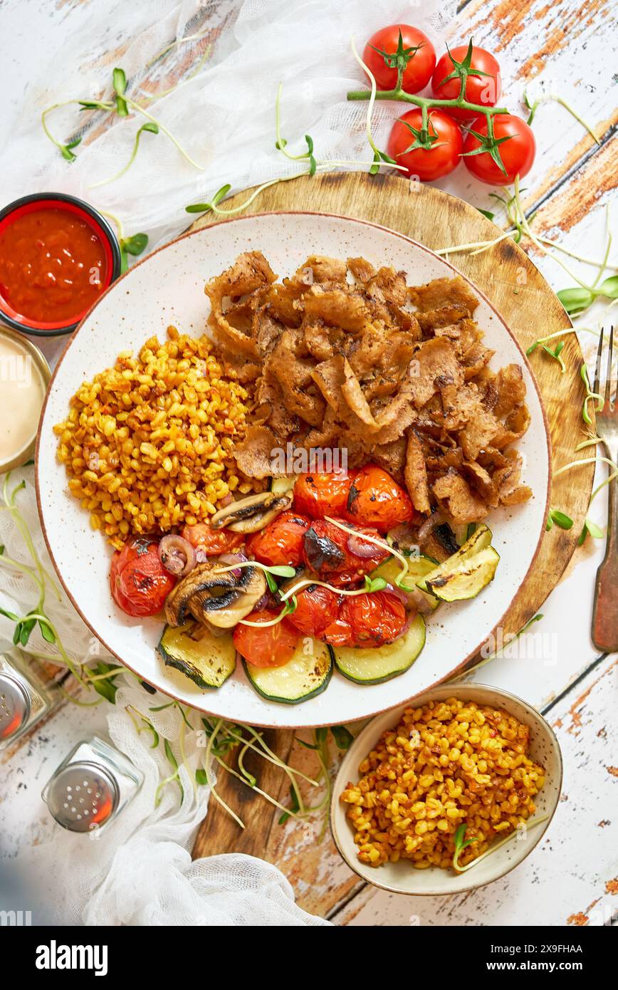 Healthy Plate of Sliced Beef with Roasted Vegetables and Groats Stock ...