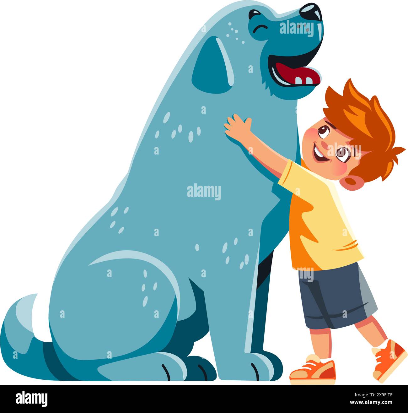 Smiling boy with orange hair and yellow shirt hugging large, blue ...