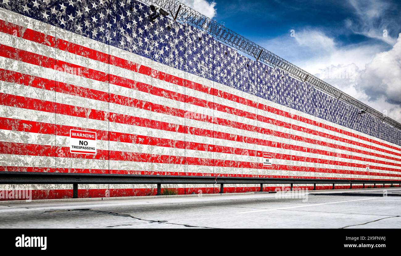border wall american flag and a warning sign stating no trespassing ...