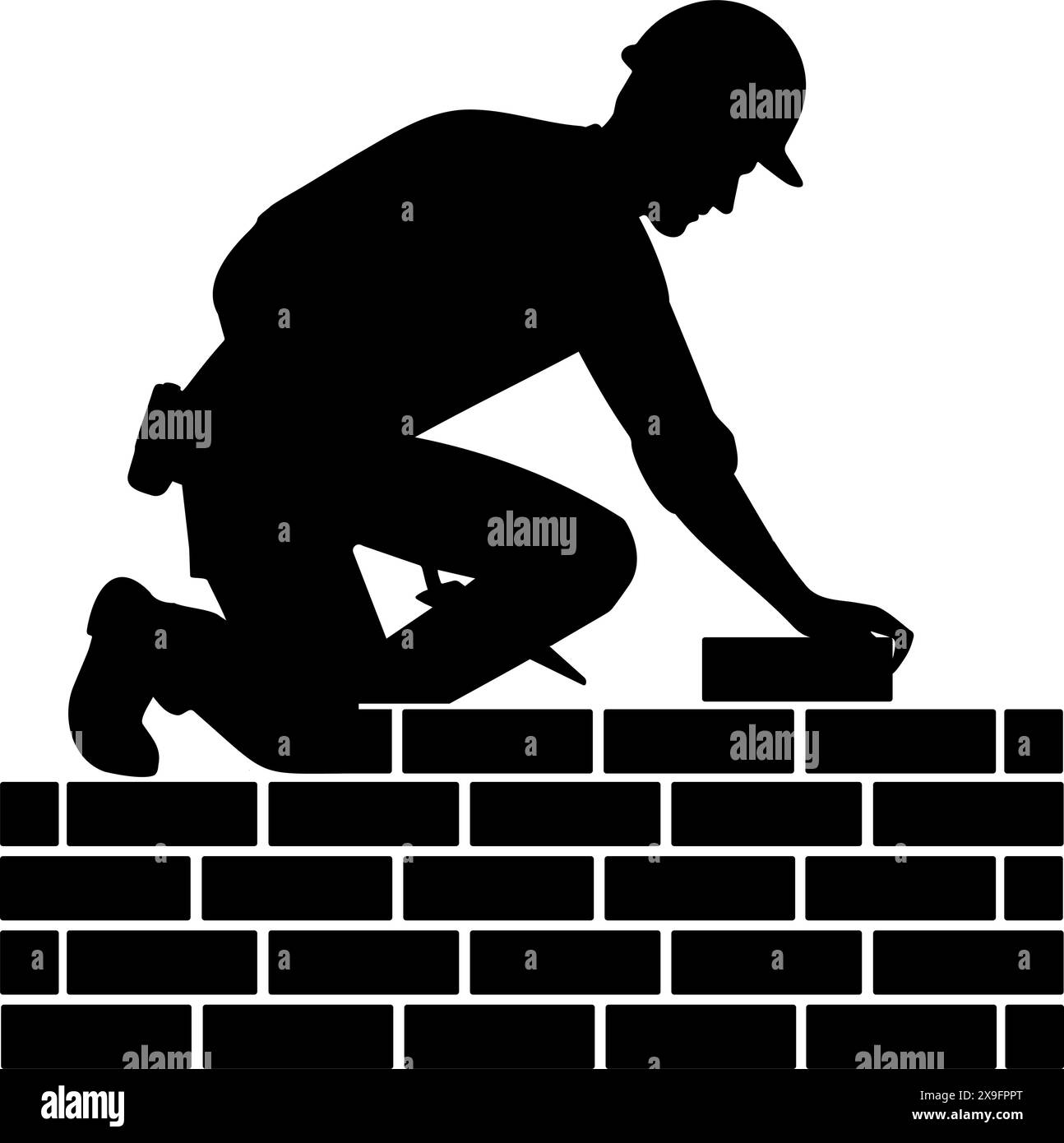 Silhouette of a bricklayer building a brick wall. Vector illustration ...