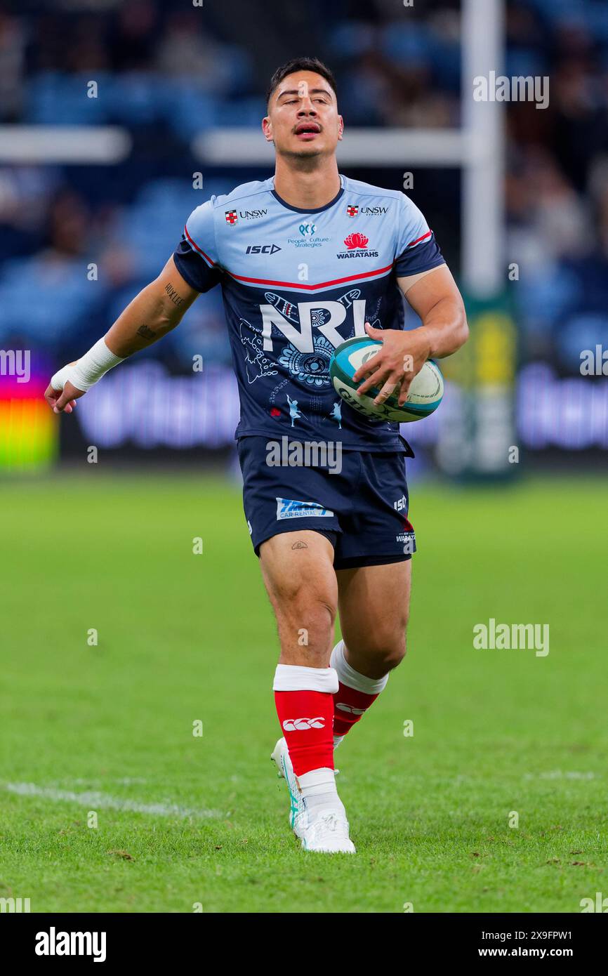 Sydney, Australia. 31st May, 2024. Lalakai Foketi of the Waratahs warms ...