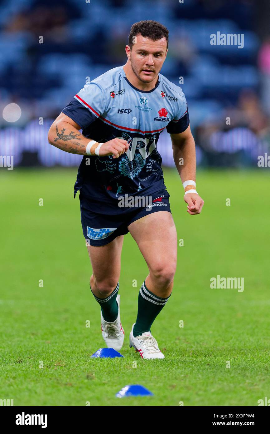 Sydney, Australia. 31st May, 2024. Dylan Pietsch of the Waratahs warms ...