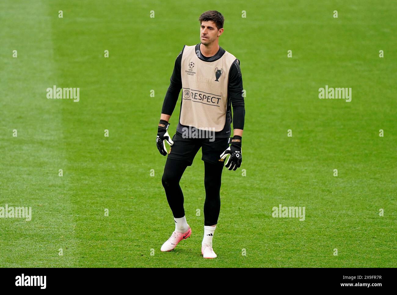 Real Madrid goalkeeper Thibaut Courtois during a training session at ...