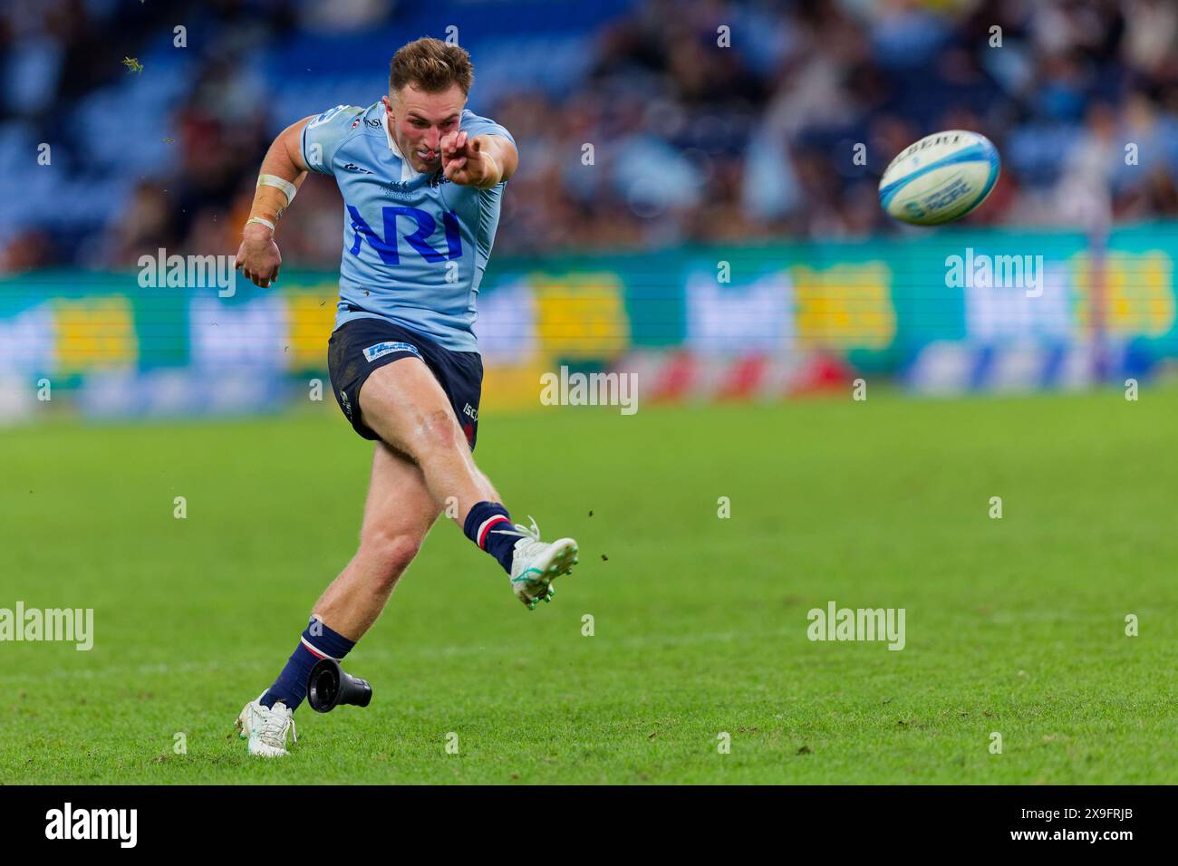 Sydney, Australia. 31st May, 2024. Jack Bowen of the Waratahs kicks at goals during the Super ...