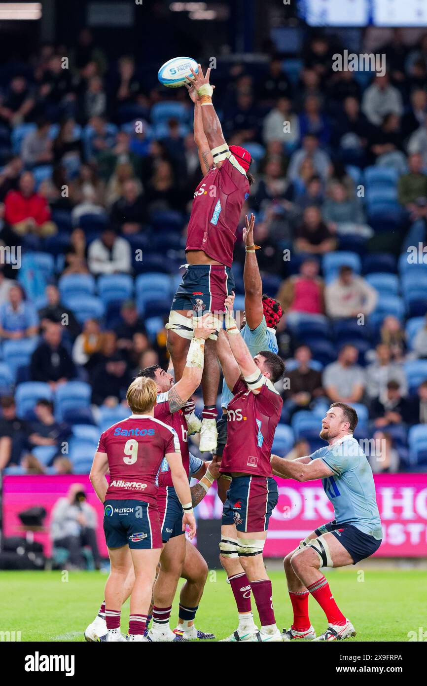 Sydney, Australia. 31st May, 2024. Seru Uru of the Reds wins the ...
