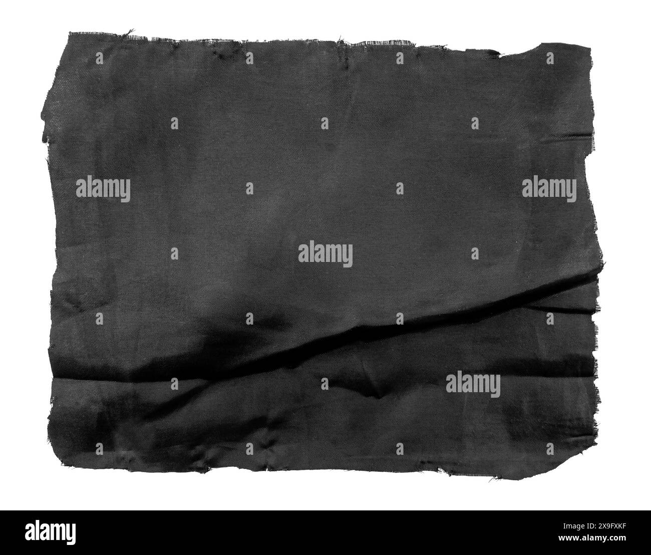 A piece of torn black satin fabric on a white background. Isolate a ...
