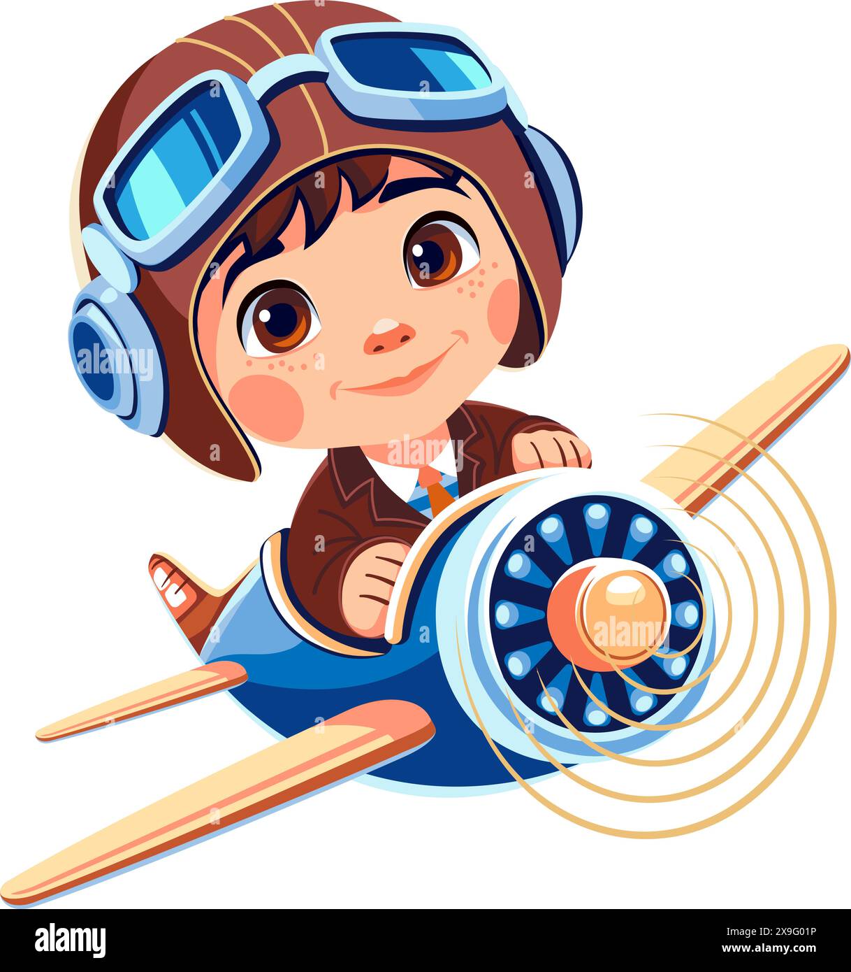 Cartoon kid pilot flying on toy airplane in sky, aviator goggles and ...