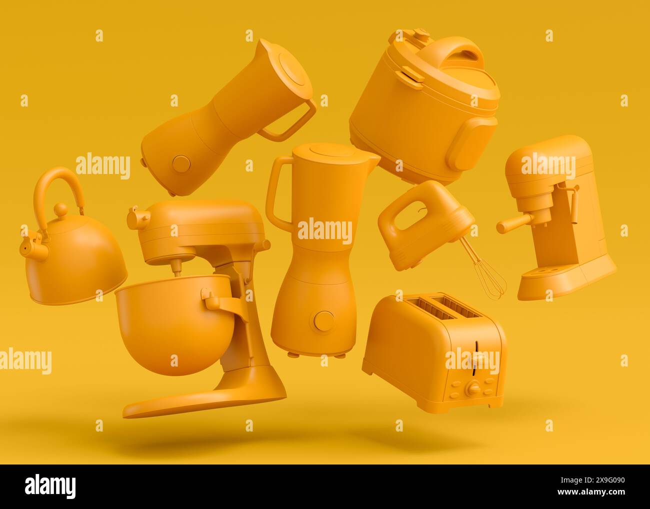 Electric kitchen appliances and utensils for making culinary on yellow ...