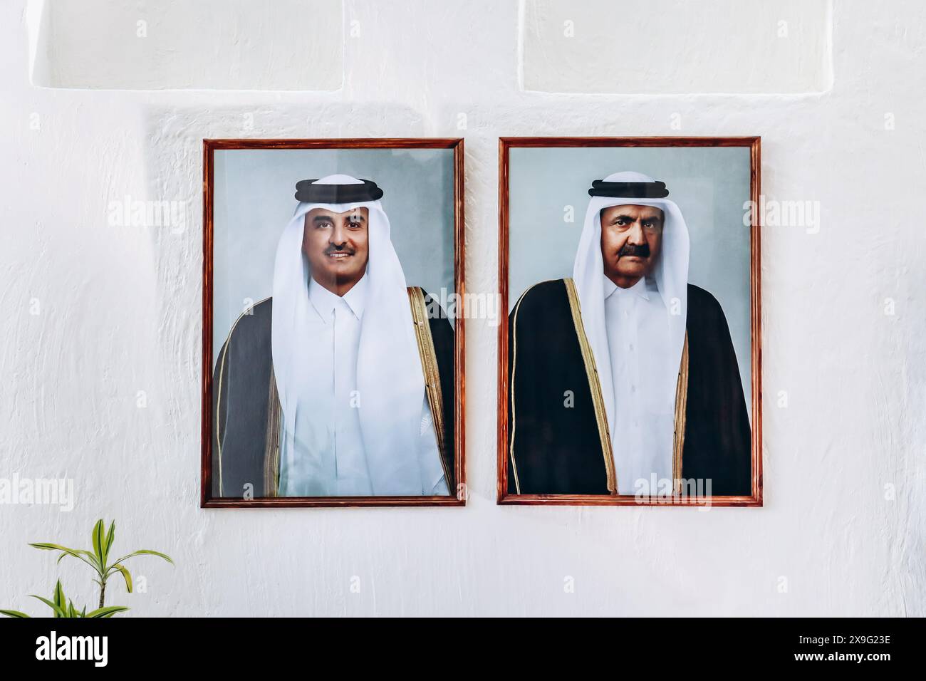 Doha, Qatar - 1 May 2024: Portrait of Tamim bin Hamad Al Thani, Emir of Qatar, and the Father ...