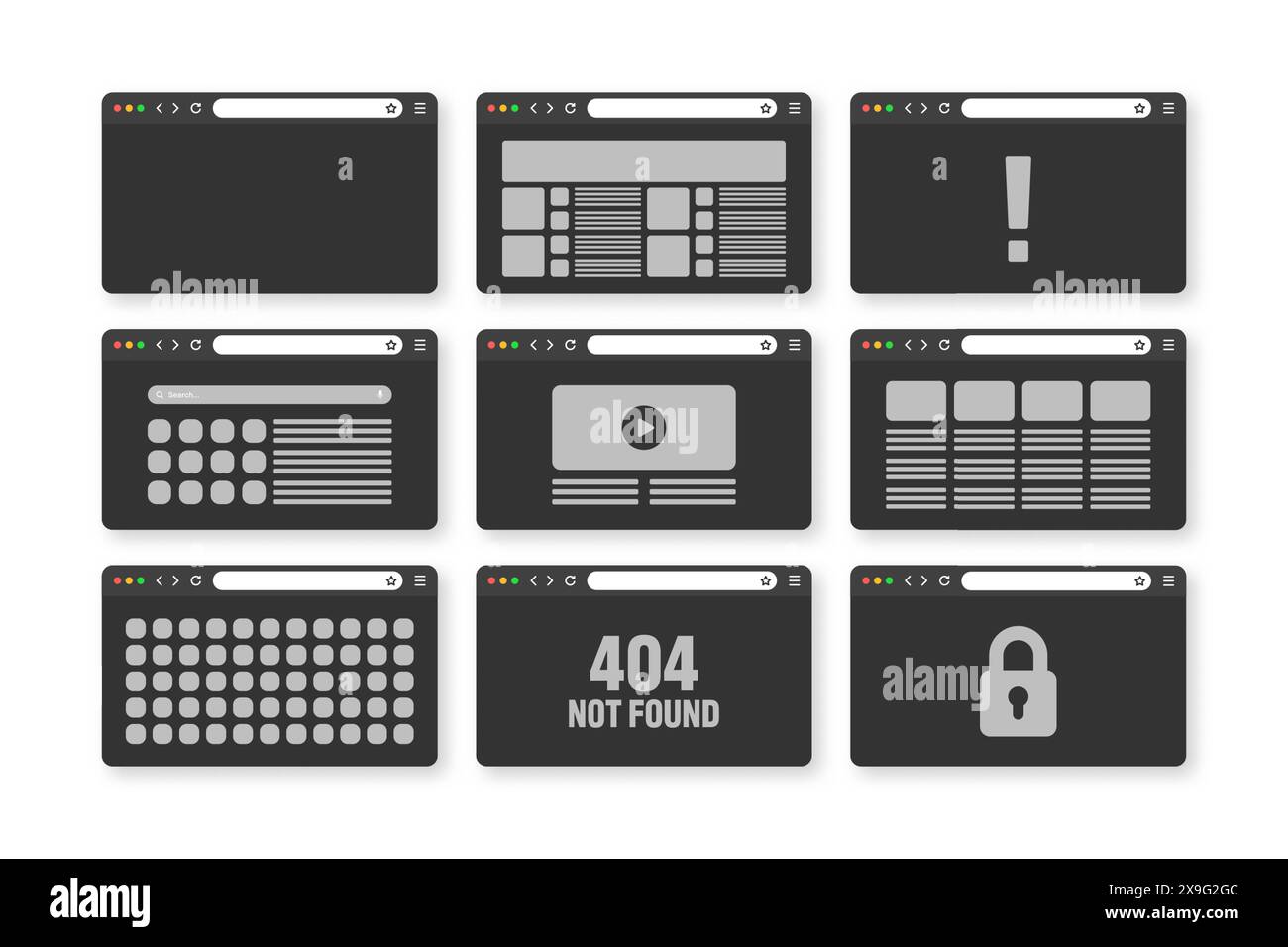 Web browser window, pages layout with toolbar and search field. Modern ...