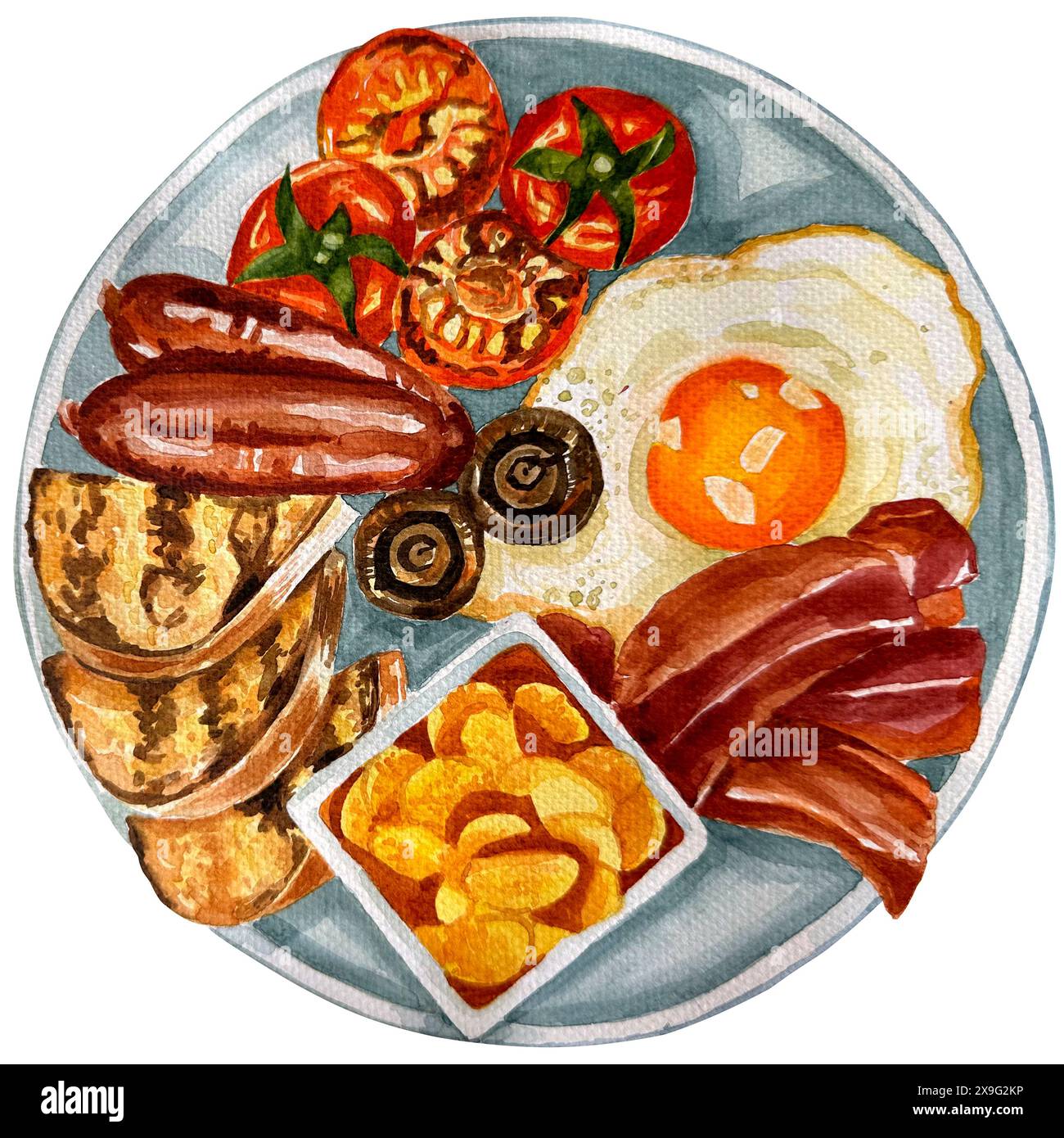 Watercolor english breakfast on plate background. Fried eggs, bacon ...