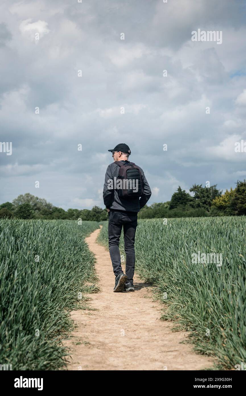 Man with a backpack walking through a field of wheat, getting away from ...