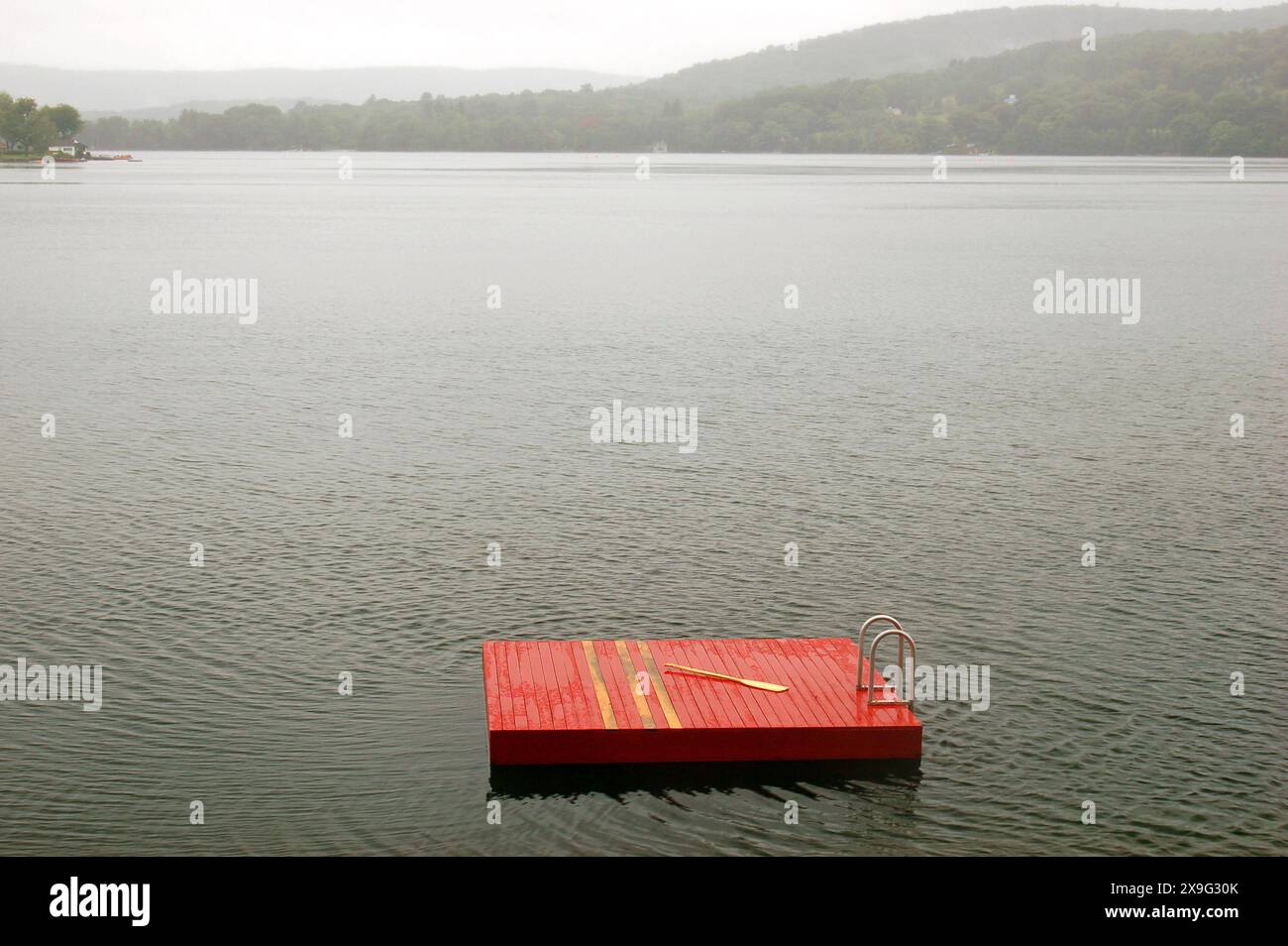 A small red platform with an oar sits in the middle of a foggy lake ...