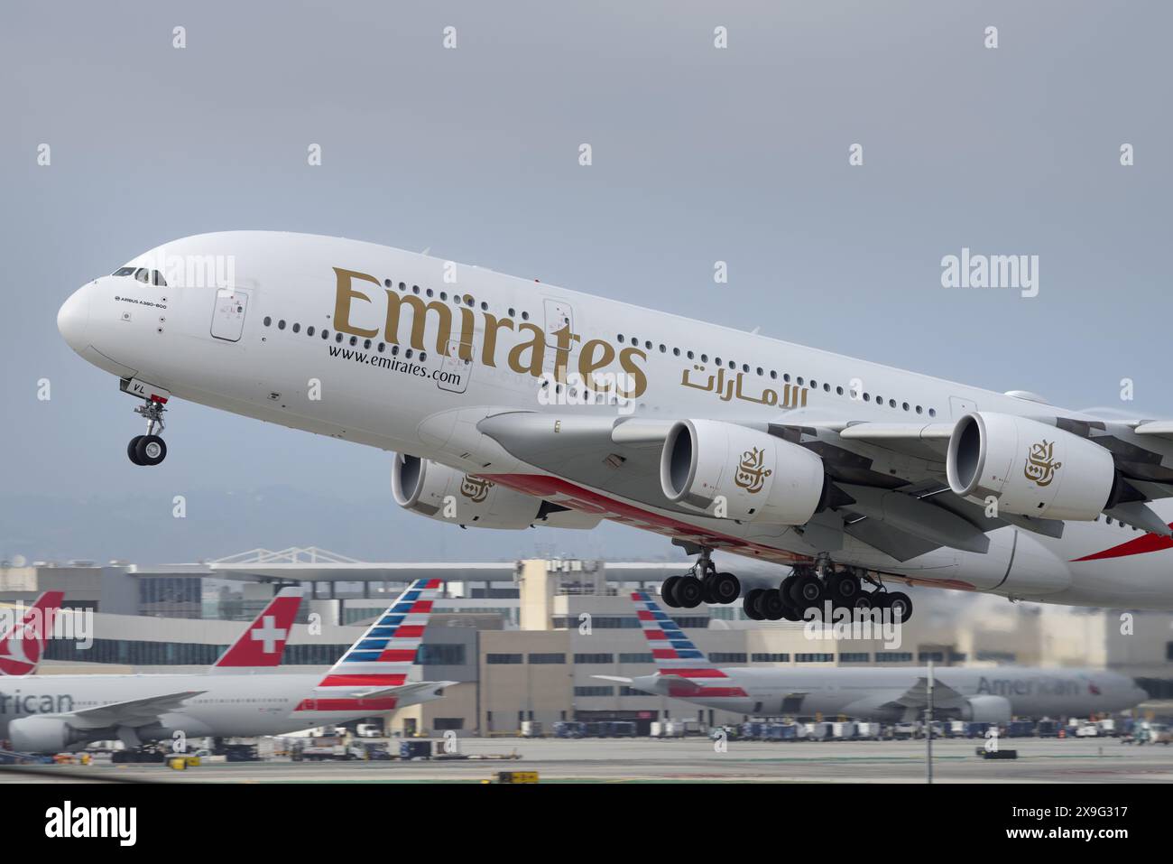 Emirates Airbus A380 -800 shown taking off from LAX, Los Angeles ...
