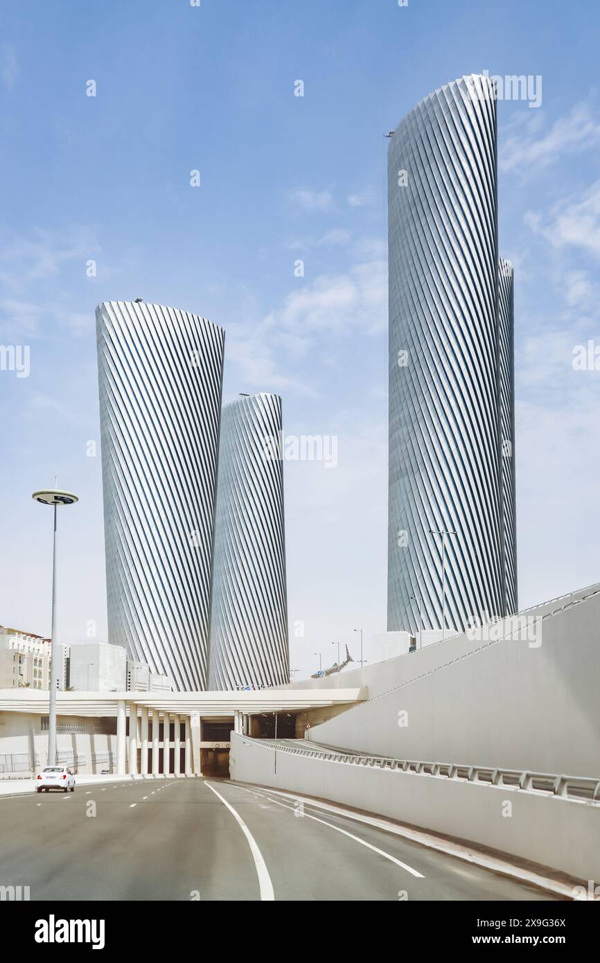 View from the highway to Lusail Plaza Towers, a set of four office towers on the Al Sa'ad Plaza ...
