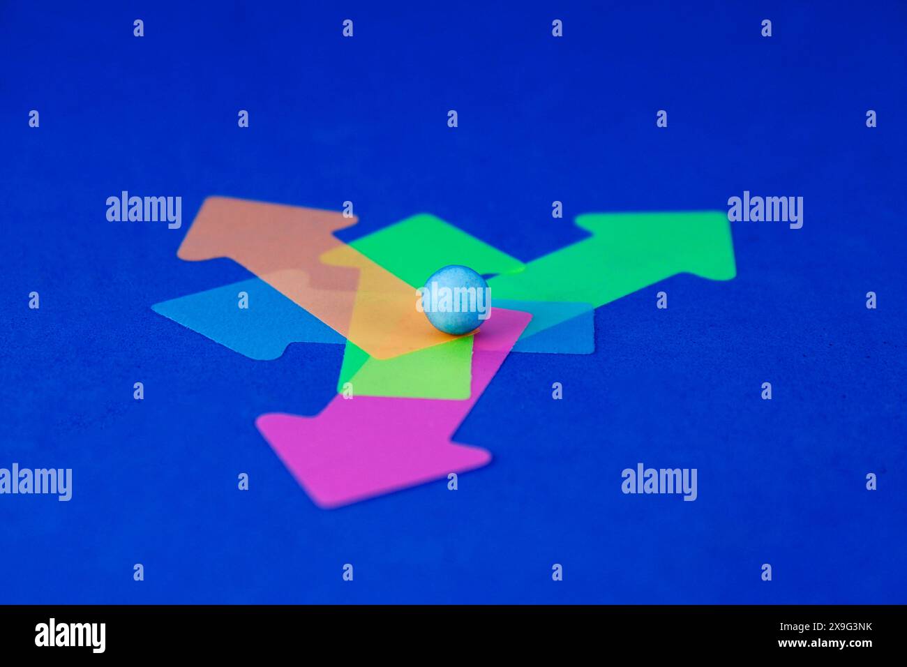 Sphere on colorful arrows indicating various directions Stock Photo - Alamy