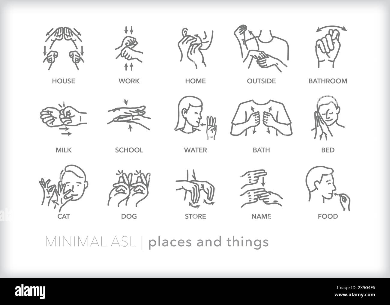 Set of line icons depicting American Sign Language (ASL) communication ...