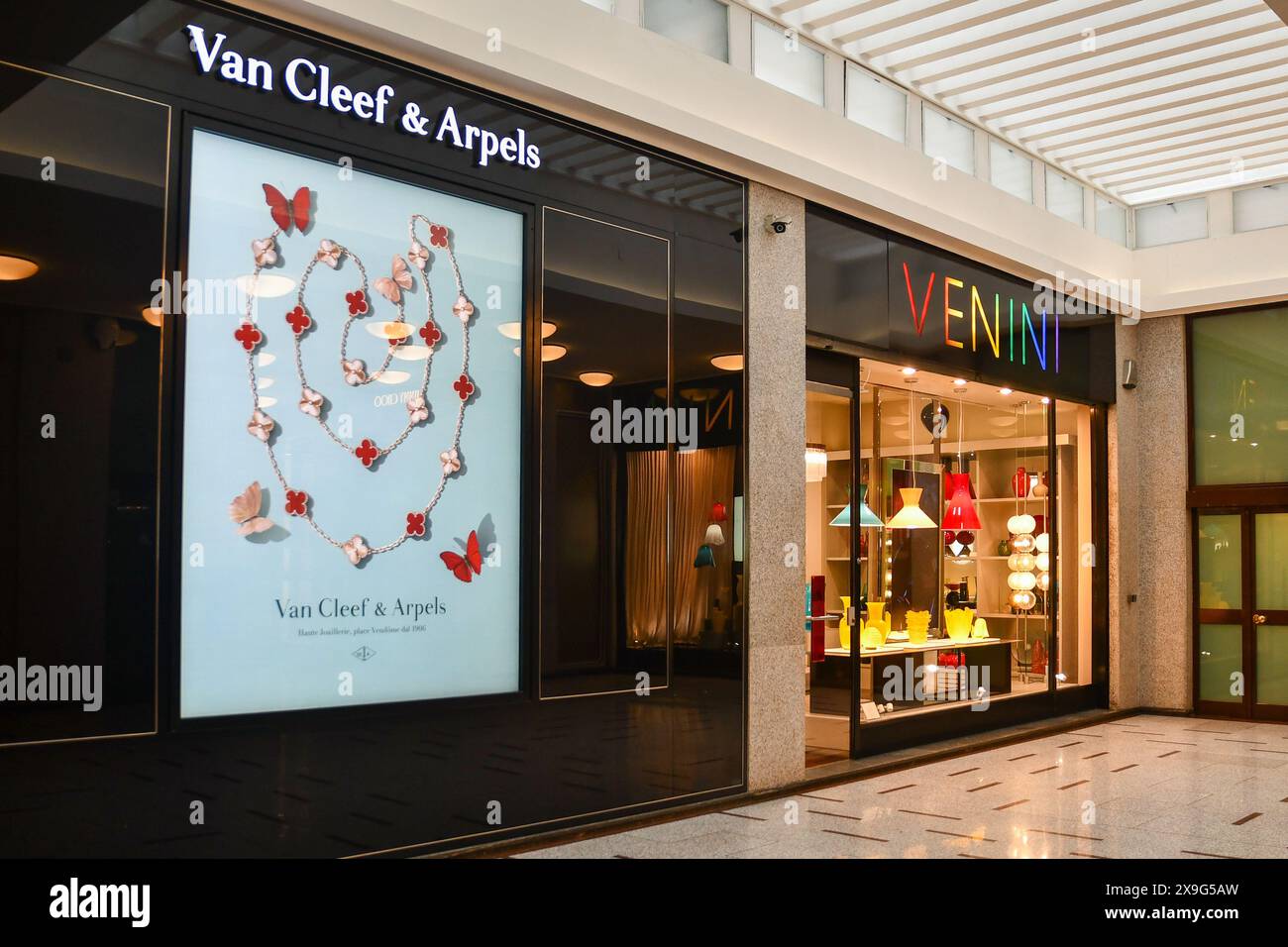Shop windows of Van Cleef & Arpels jewelry and Venini Murano glass in ...