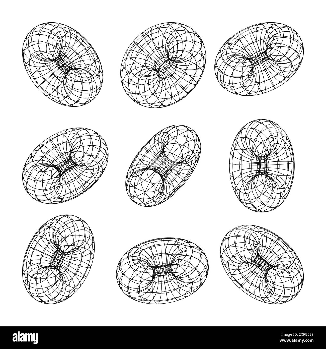Wireframe shapes, lined torus. Perspective mesh, 3d grid. Low poly ...