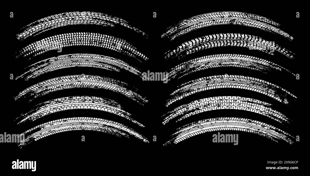 Grunge tire tracks, wheel braking marks. Truck, car or motorcycle tread ...