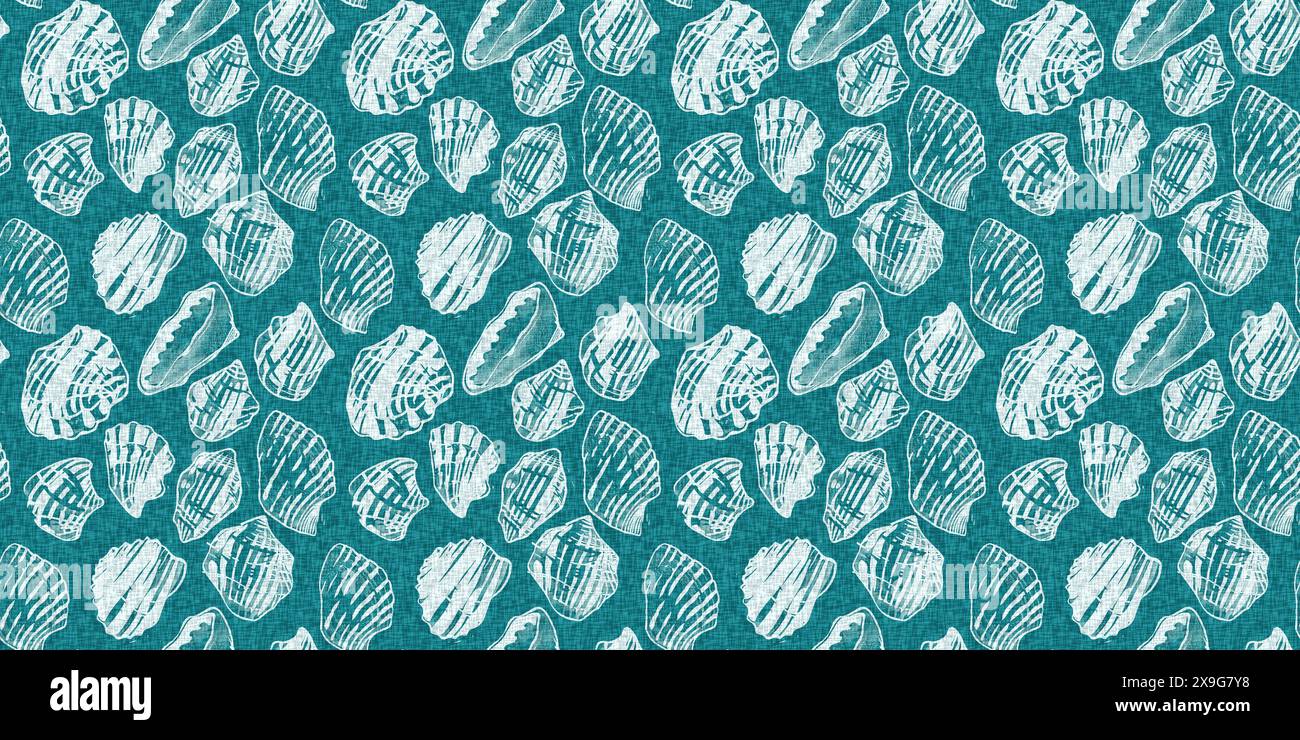 Teal turquoise blue white shell motif with linen seamless batik border ...