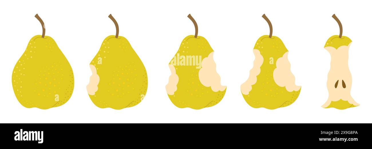 Pear eating steps cartoon icon set. Stages of biting red ripe Pear from ...