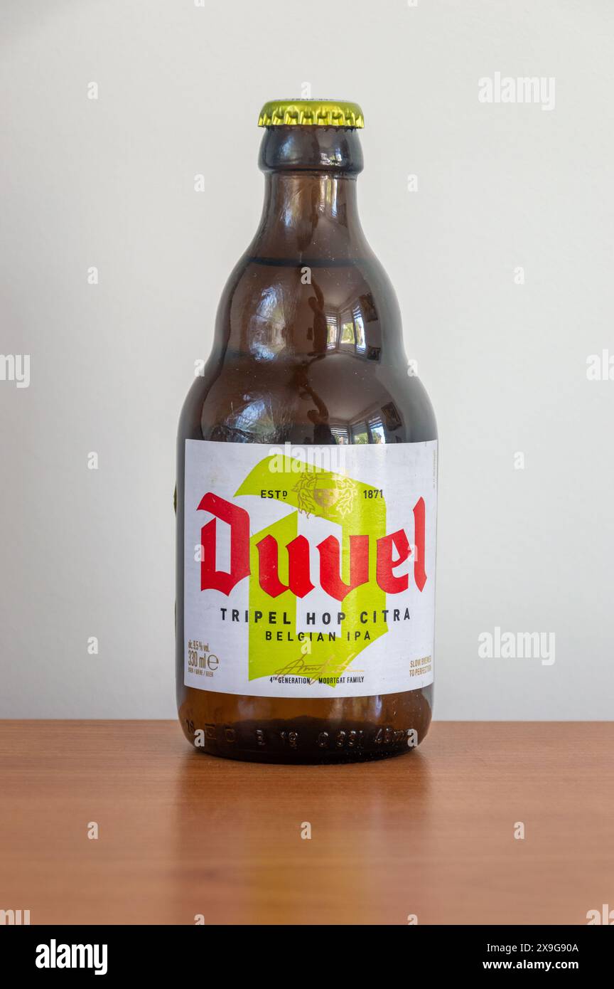 Pruszcz Gdanski, Poland - May 11, 2024: Bottle of Duvel tripel hop ...