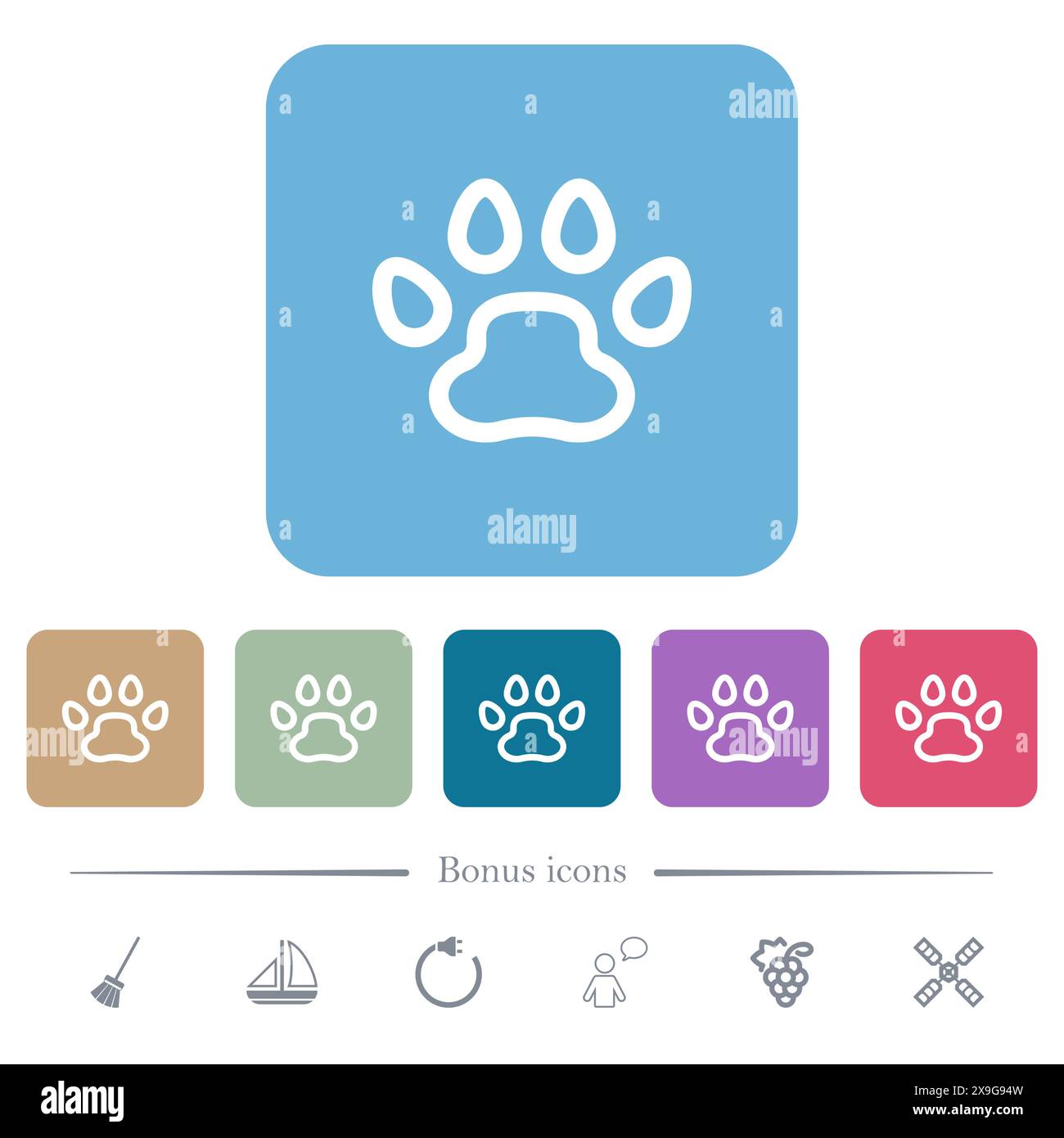 Paw print outline white flat icons on color rounded square backgrounds. 6 bonus icons included ...