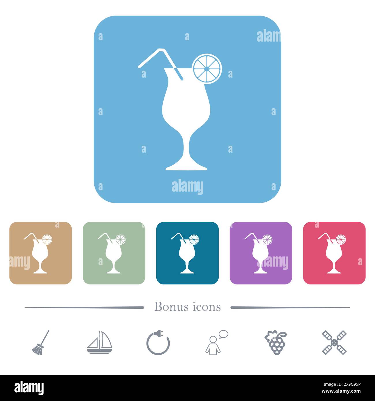 Cocktail with lemon and straw white flat icons on color rounded square backgrounds. 6 bonus ...