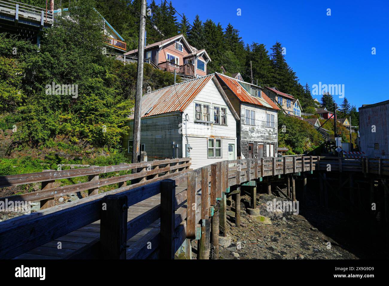 Wooden houses along a boardwalk in Hopkins Alley in Ketchikan, the ...