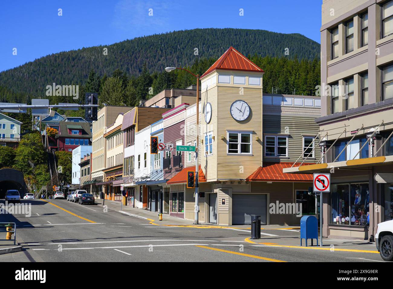 Clock tower on Front Street in downtown Ketchikan, Alaska Stock Photo ...