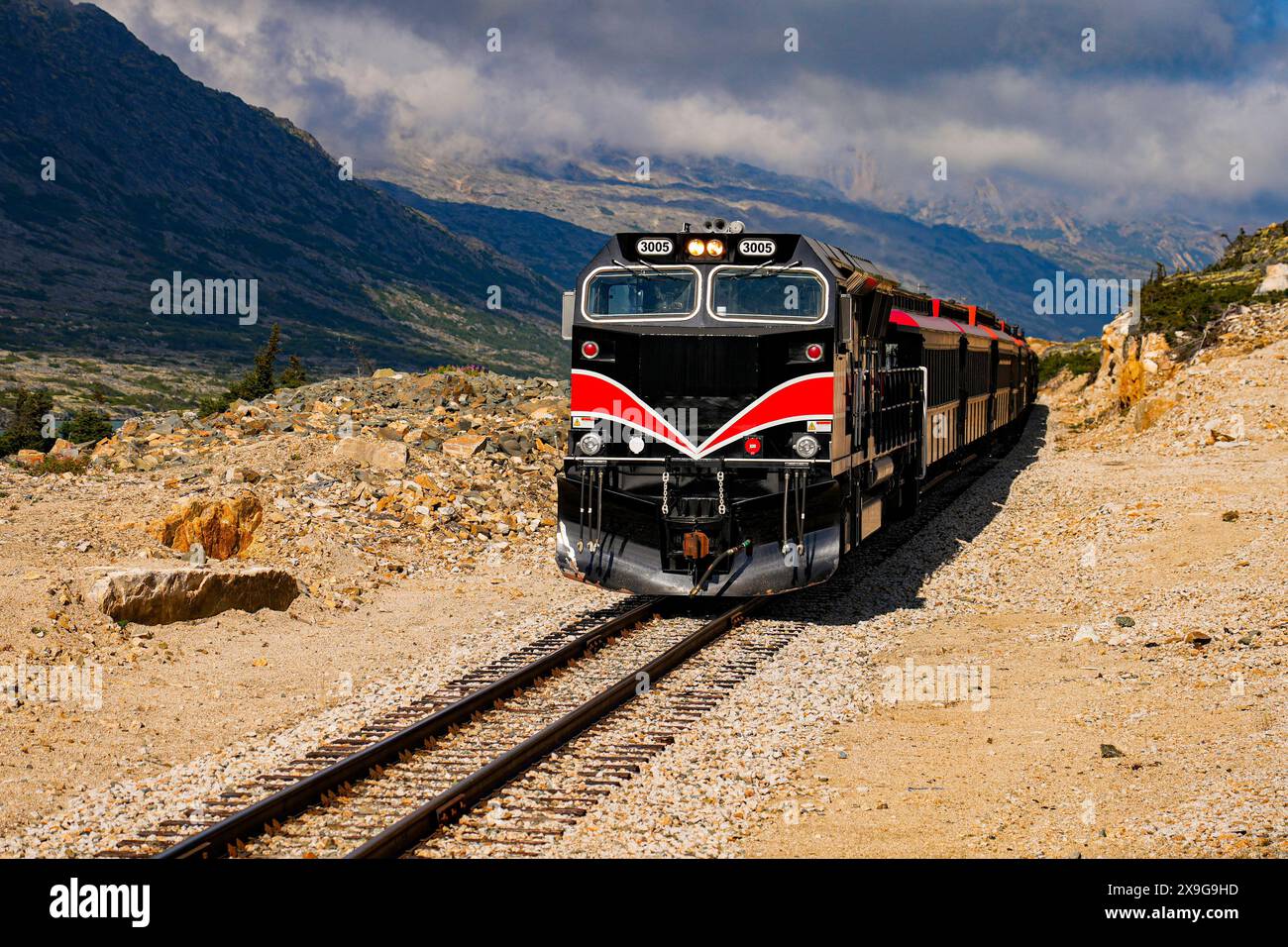 Diesel locomotive of the historic White Pass and Yukon Route railroad ...