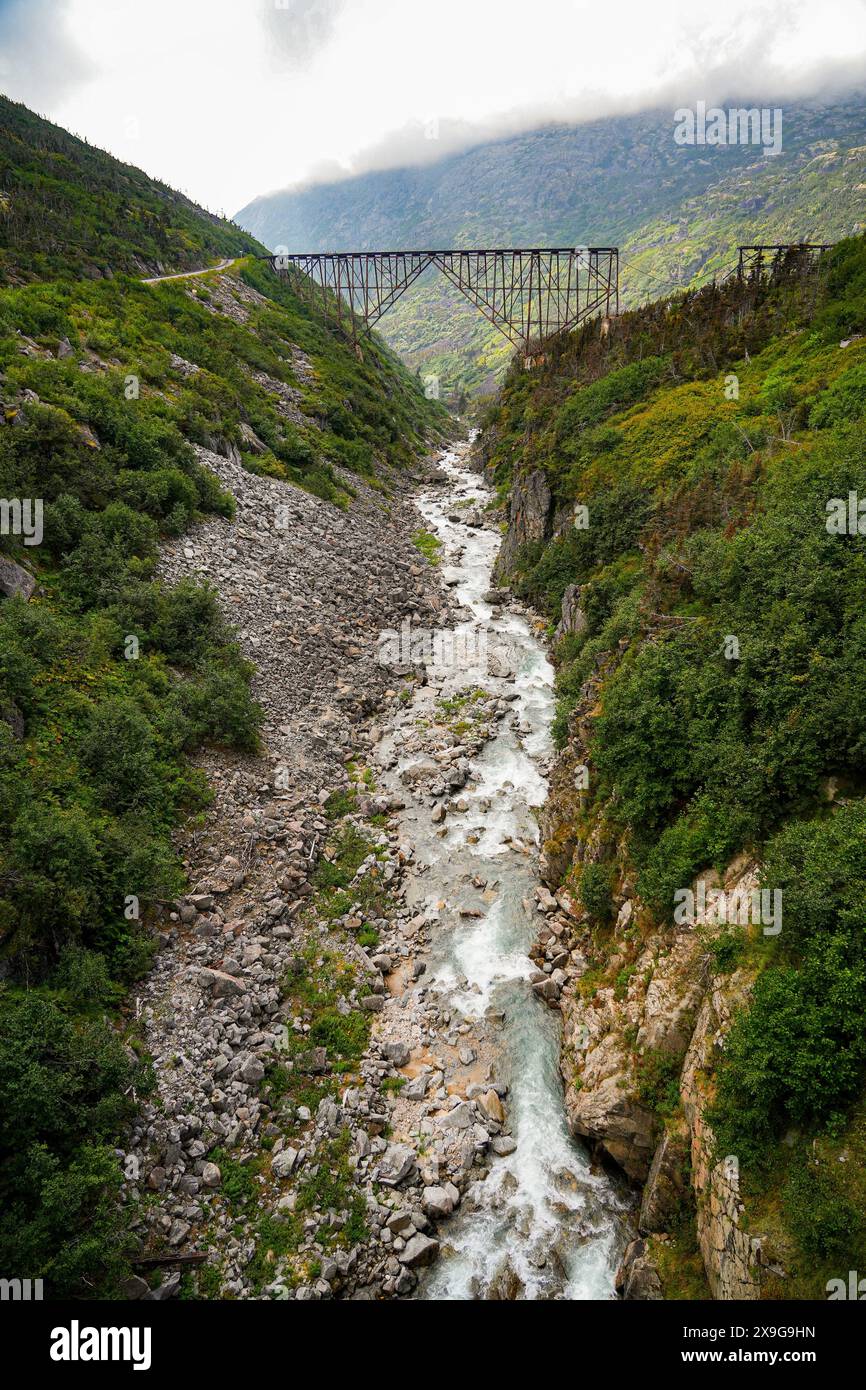 Collapsed trestles railroad bridge in the White Pass and Yukon Route ...