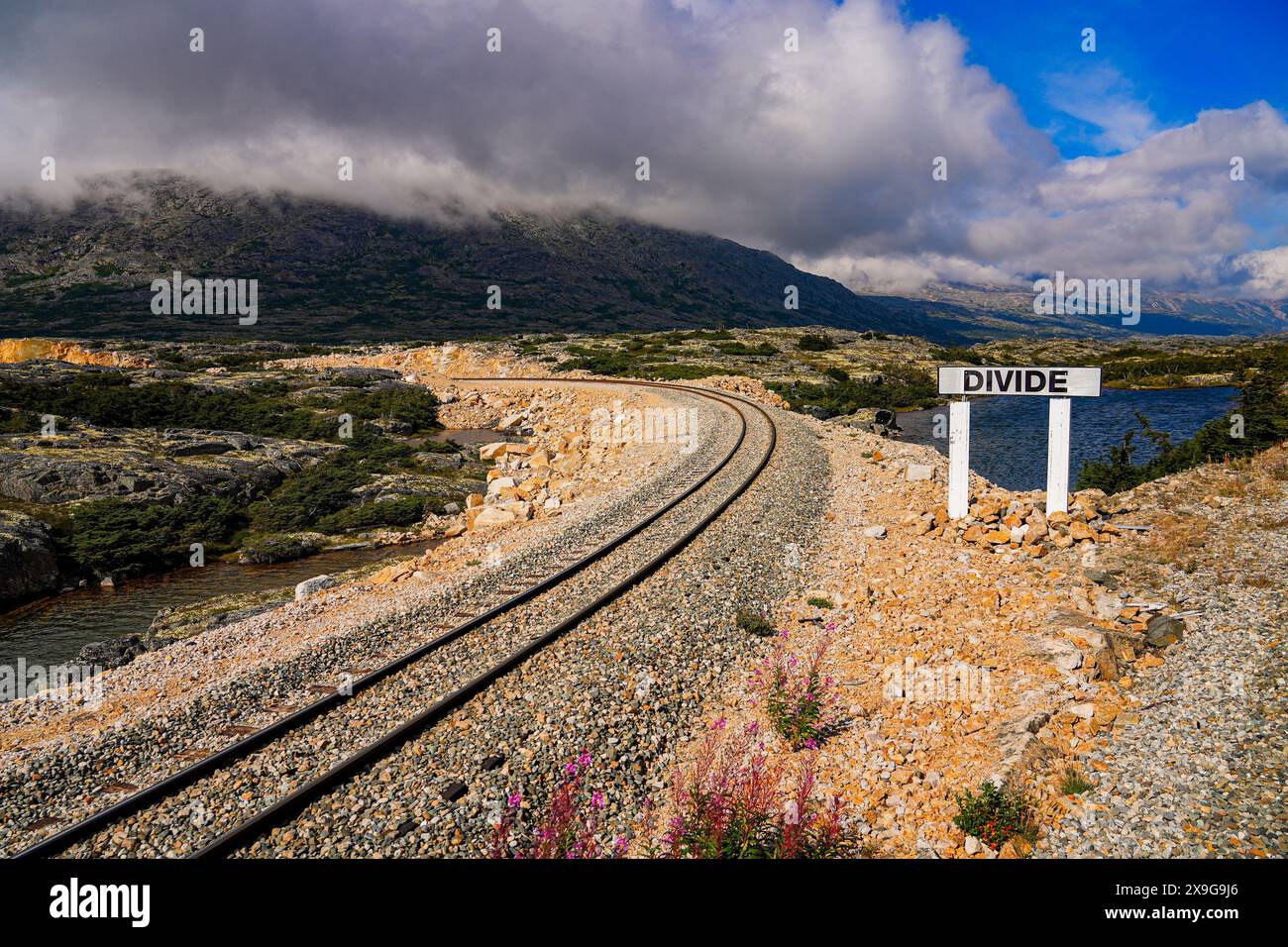 Railroad tracks of the White Pass and Yukon Route at the Chilkoot Trail ...