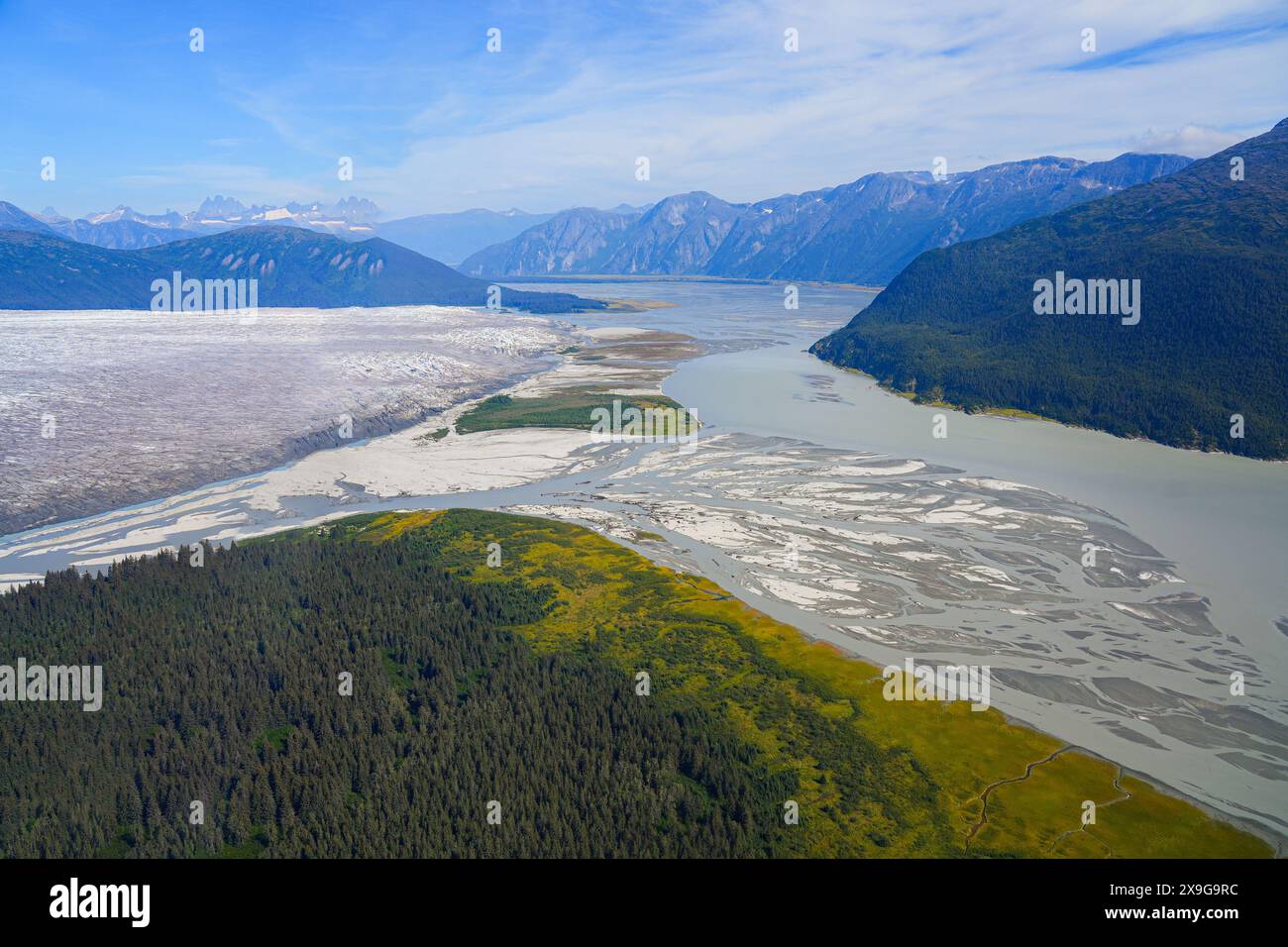 Aerial view of the glaciers located along the Taku Inlet, which are ...