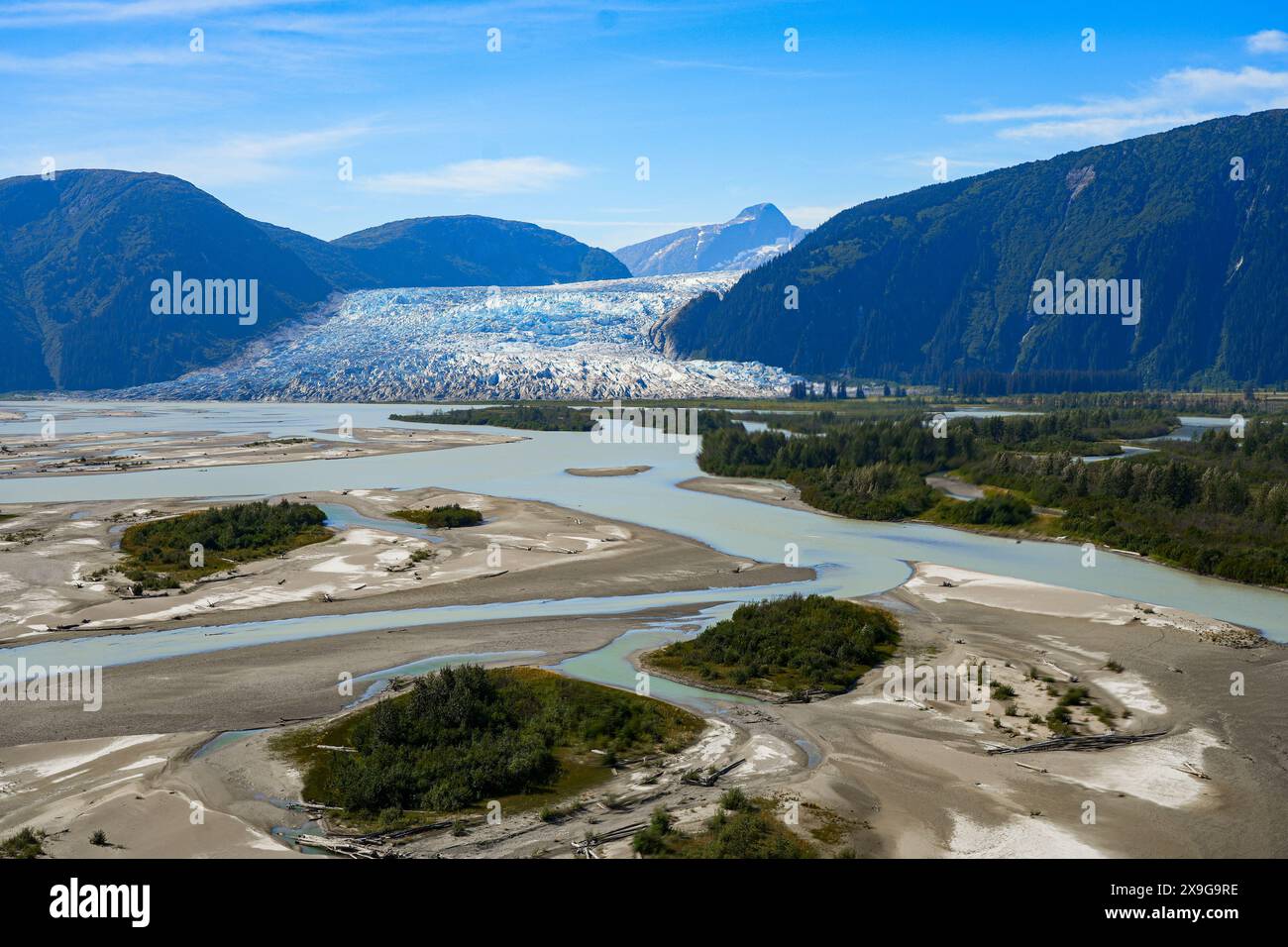 Aerial view of the glaciers located along the Taku Inlet, which are ...